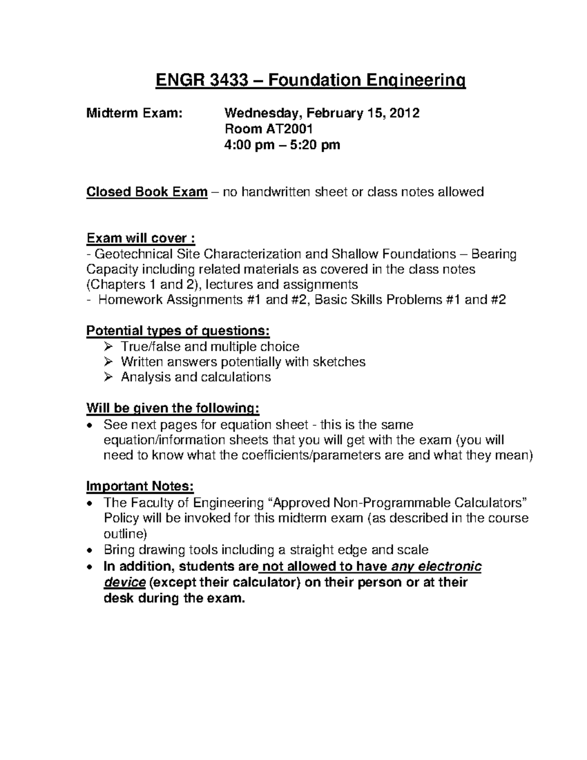 Midterm 2012, questions - ENGR 3433 – Foundation Engineering Midterm ...