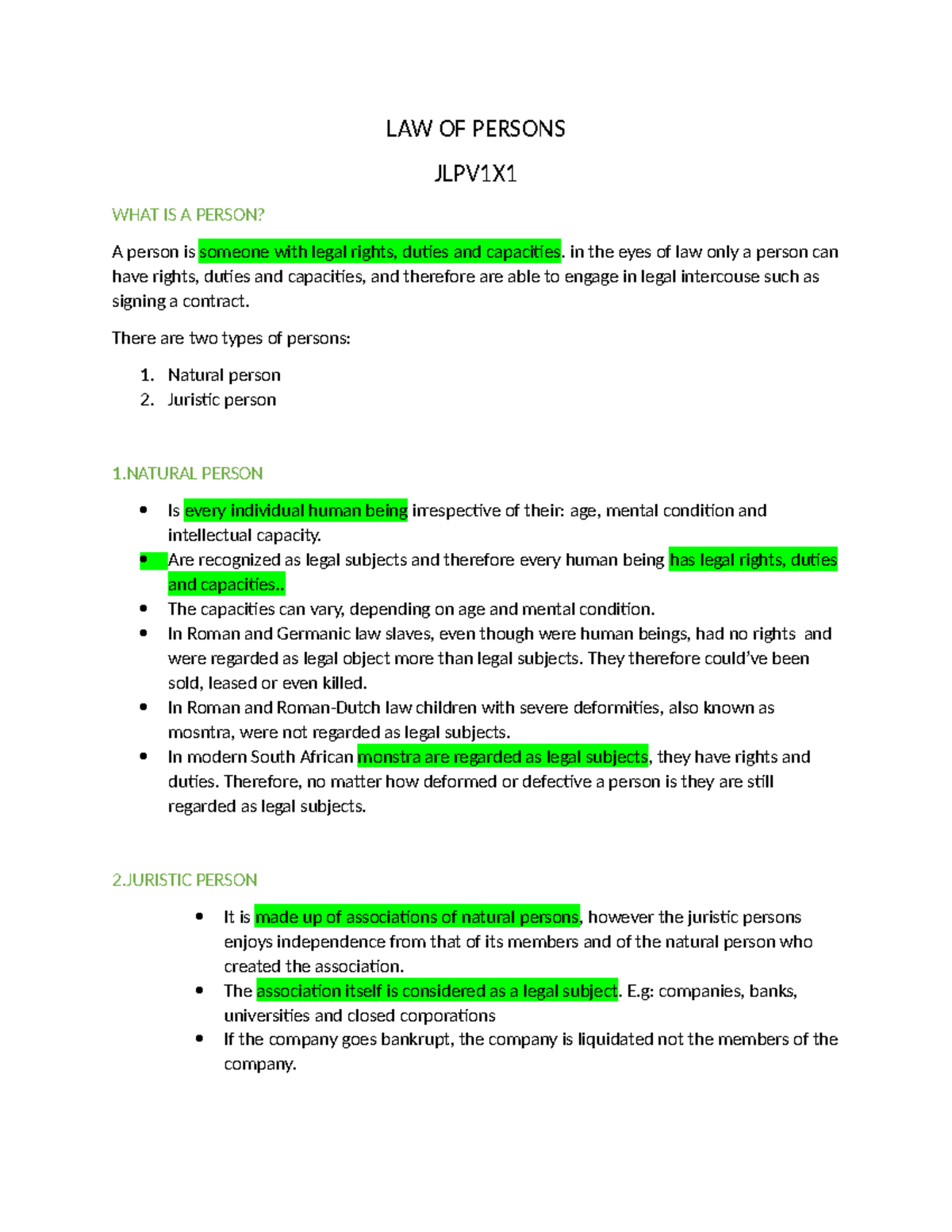LAW OF Persons CHPT 1 - LAW OF PERSONS JLPV1X WHAT IS A PERSON? A ...