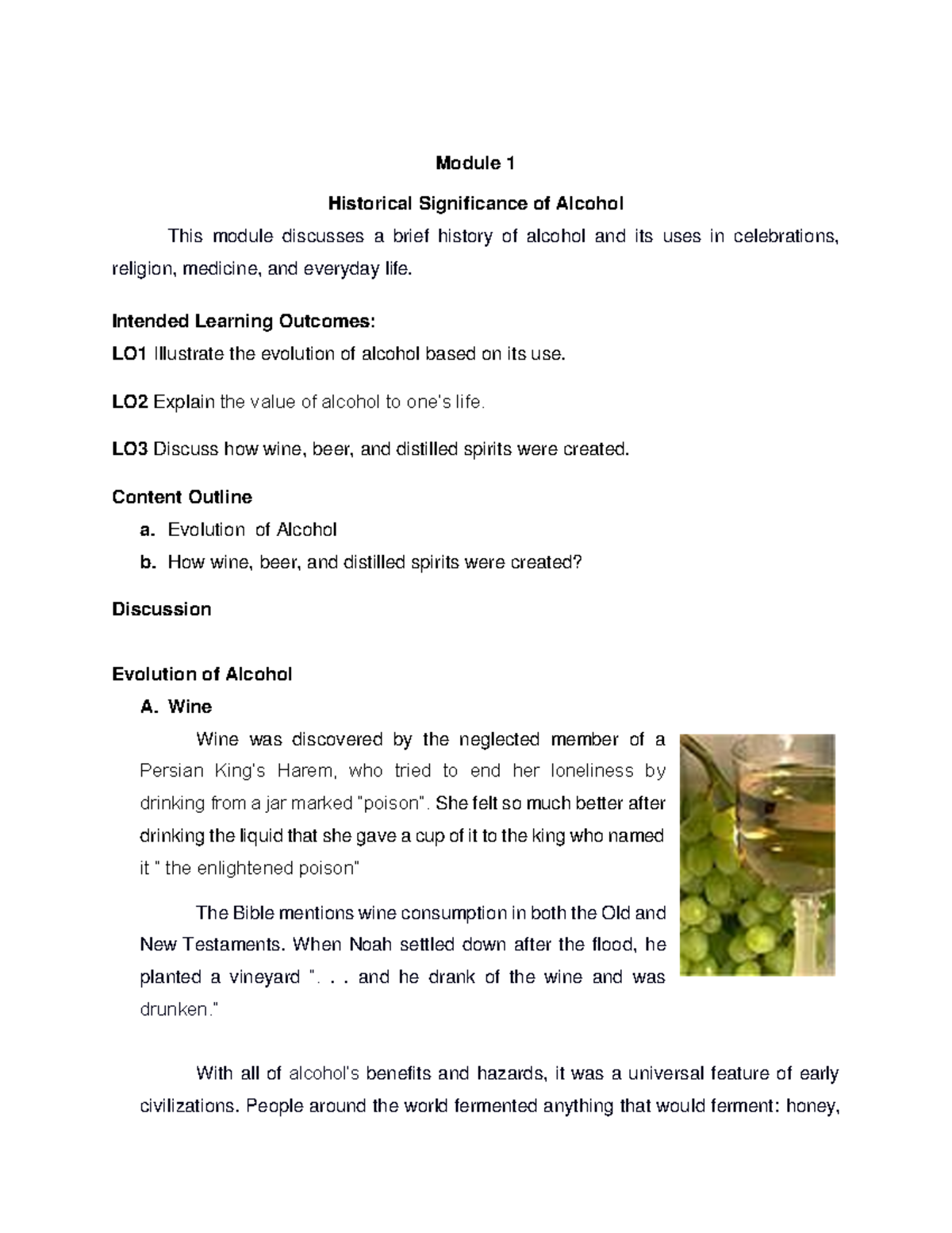 Module 1 Historical Significance of Alcohol - Intended Learning ...