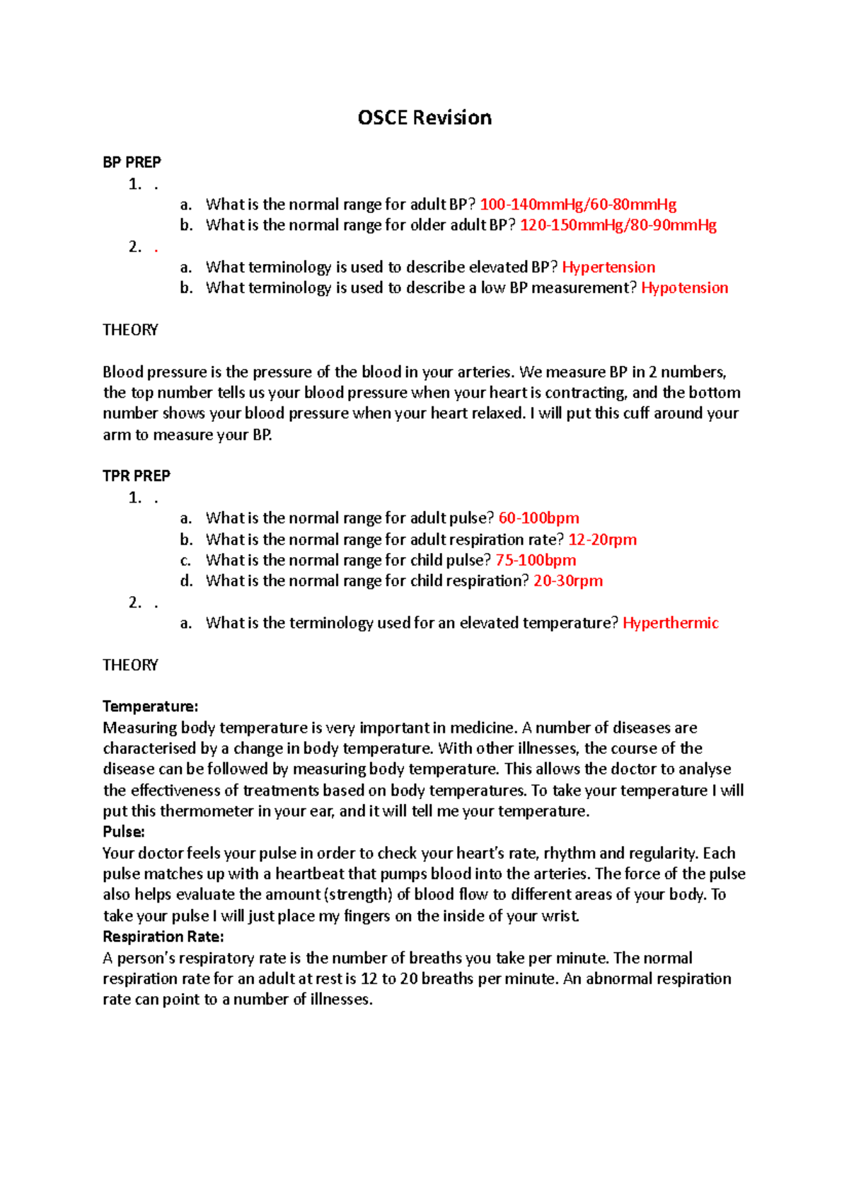 OSCE Preparation - OSCE Revision BP PREP 1.. a. What is the normal range for adult BP? - Studocu