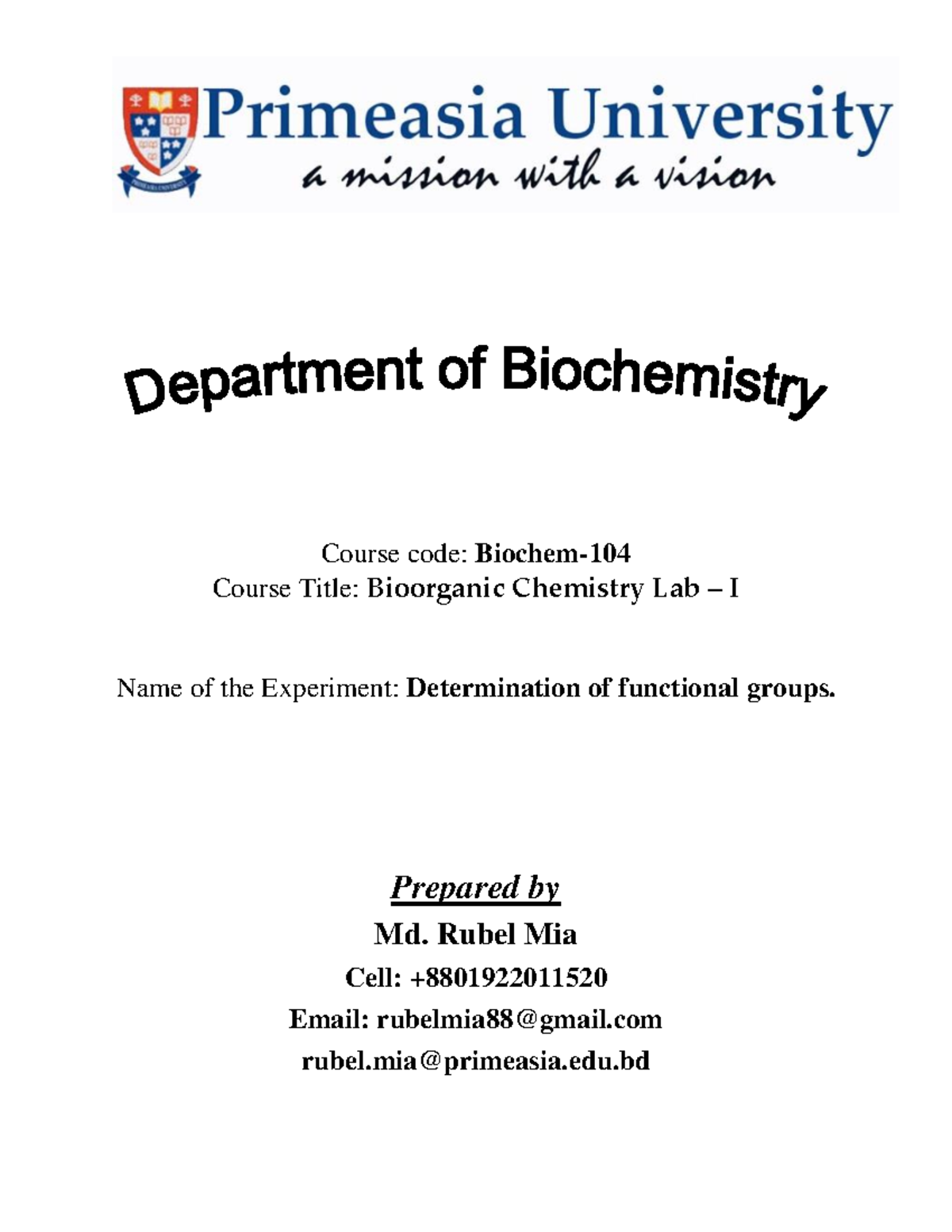 Functional Group - Course code: Biochem- Course Title: Bioorganic ...