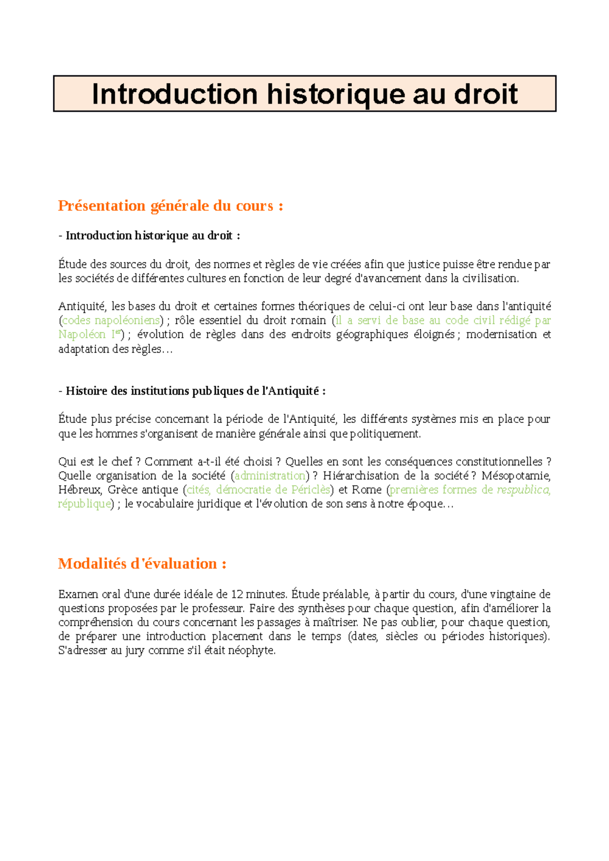 S1 - Introduction historique au droit - Introduction historique au droit 7/09/ Présentation ...