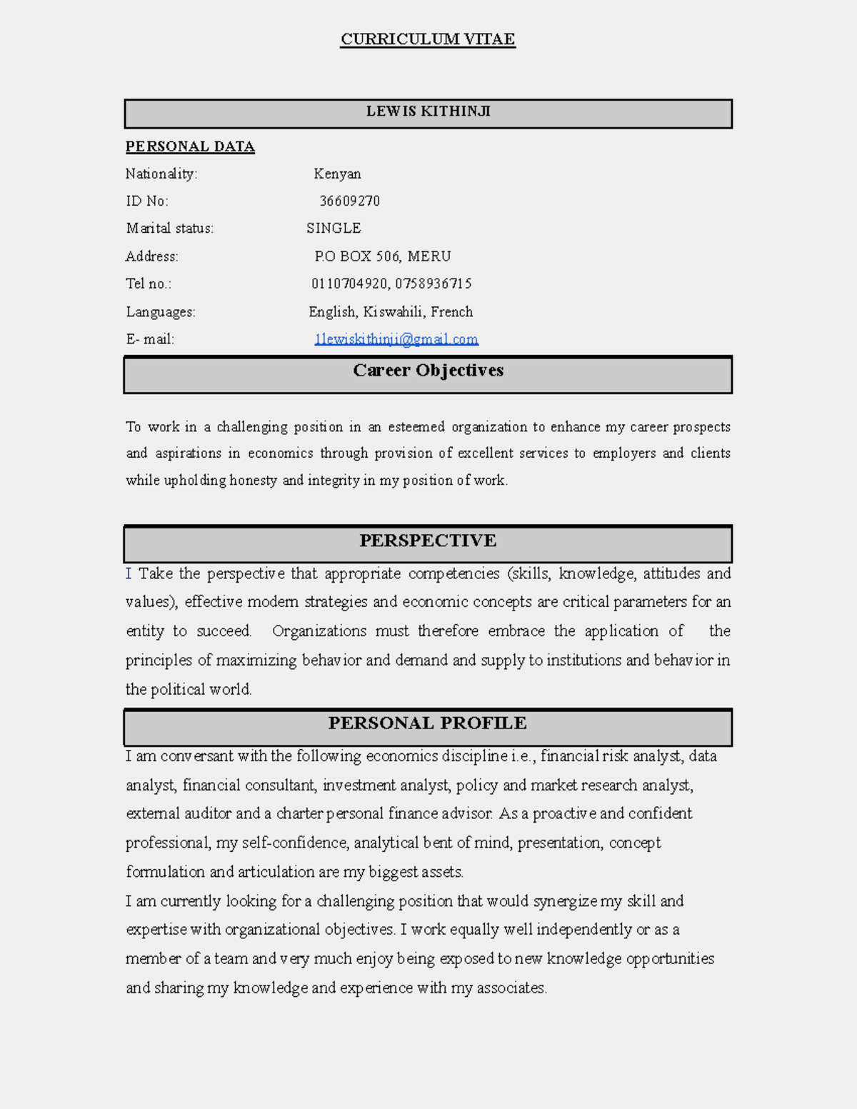 Lewis kithinji updated curriculum vitae - CURRICULUM VITAE LEWIS KITHINJI PERSONAL DATA ...