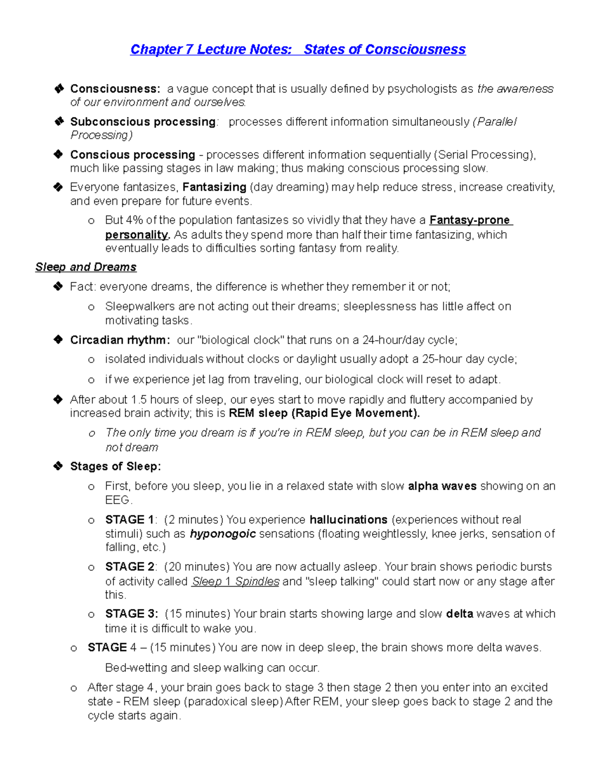 Ch07 States of Consciousness - Chapter 7 Lecture Notes: States of ...