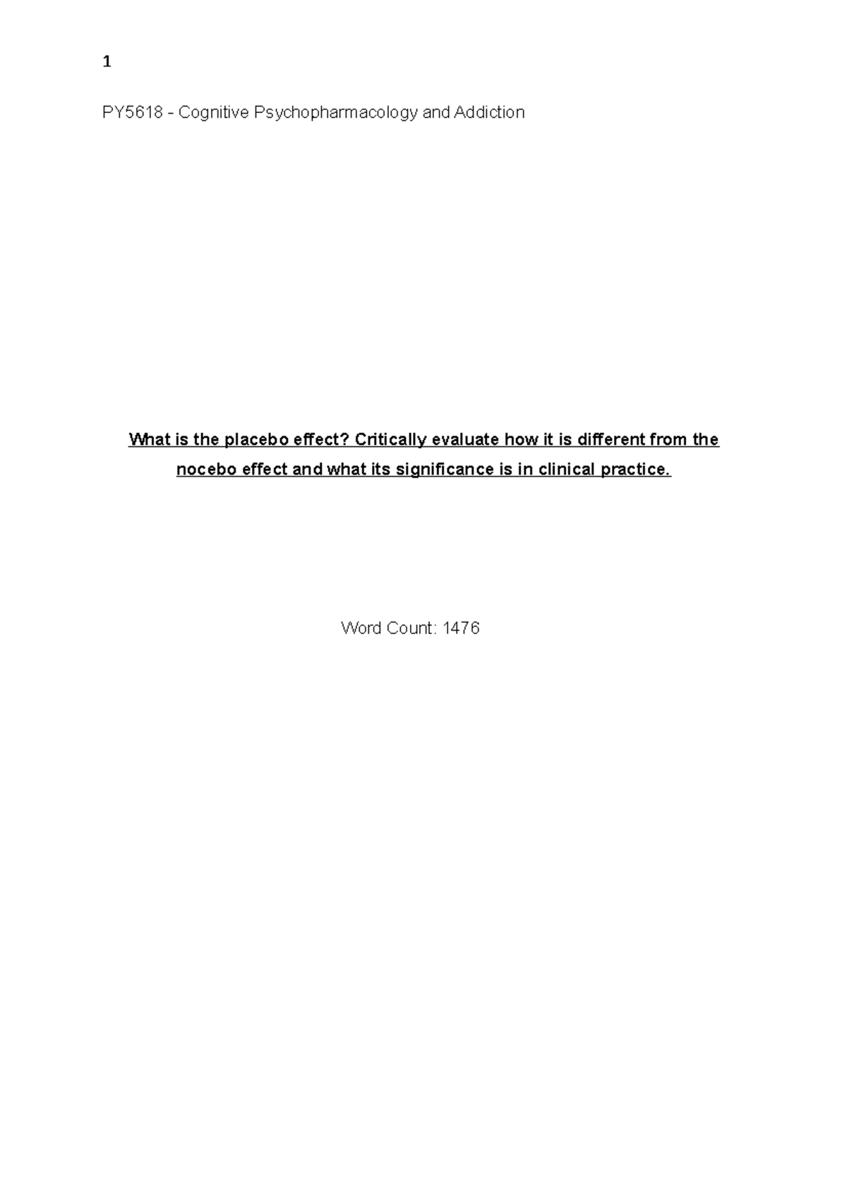 What is the placebo effect - Essay - PY5618 - Cognitive ...