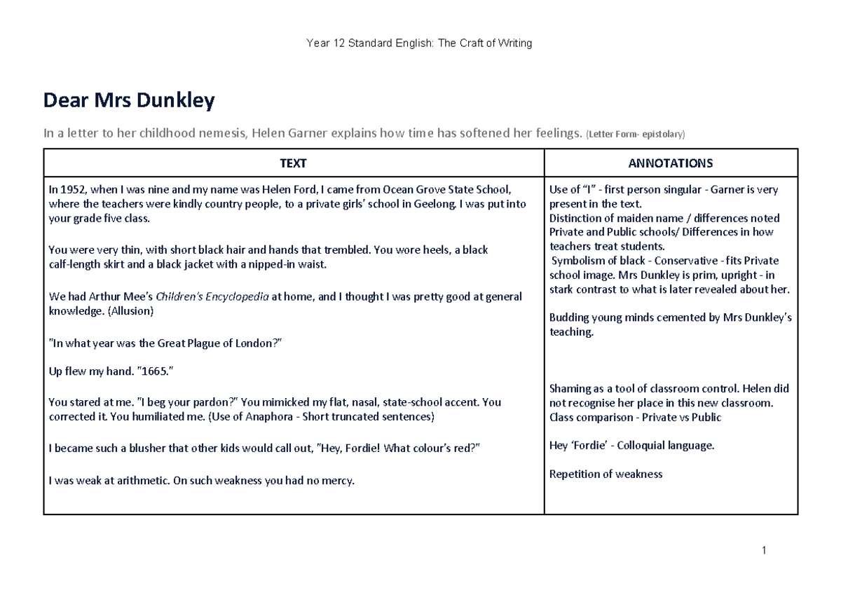 Dear Mrs Dunkley annotated - Dear Mrs Dunkley In a letter to her ...