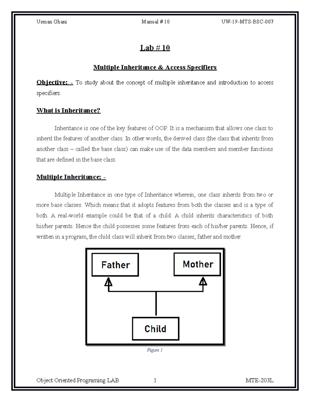 OOP LAB 10 (Usman Ghani-007) - Copy - Lab # 10 Multiple Inheritance ...