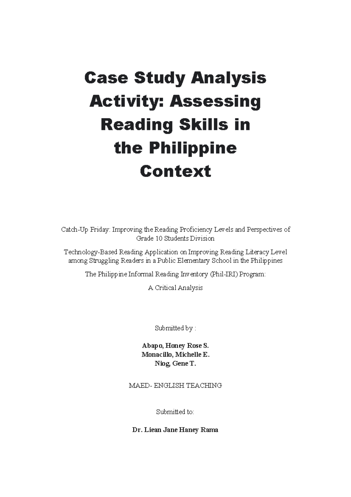 Case Study Analysis Activity with conclusion - Case Study Analysis ...