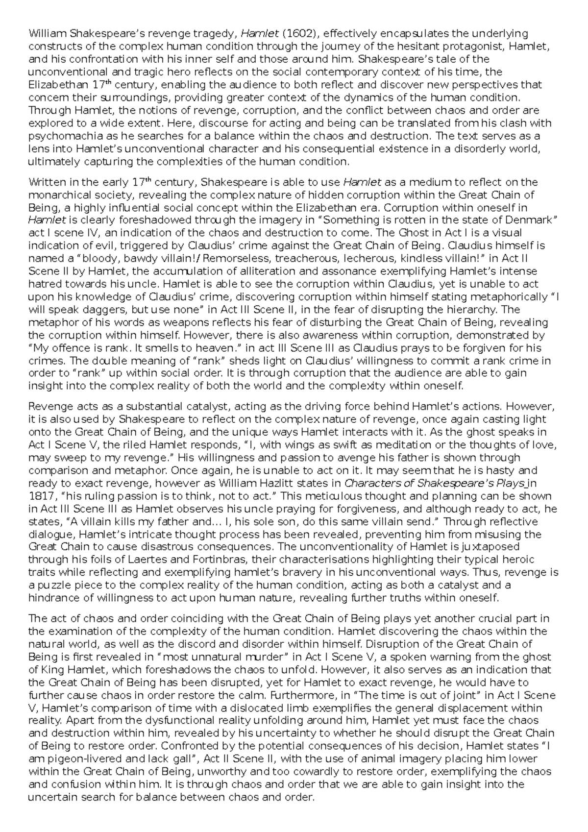 Essay on Hamlet for Module B - William Shakespeare’s revenge tragedy ...