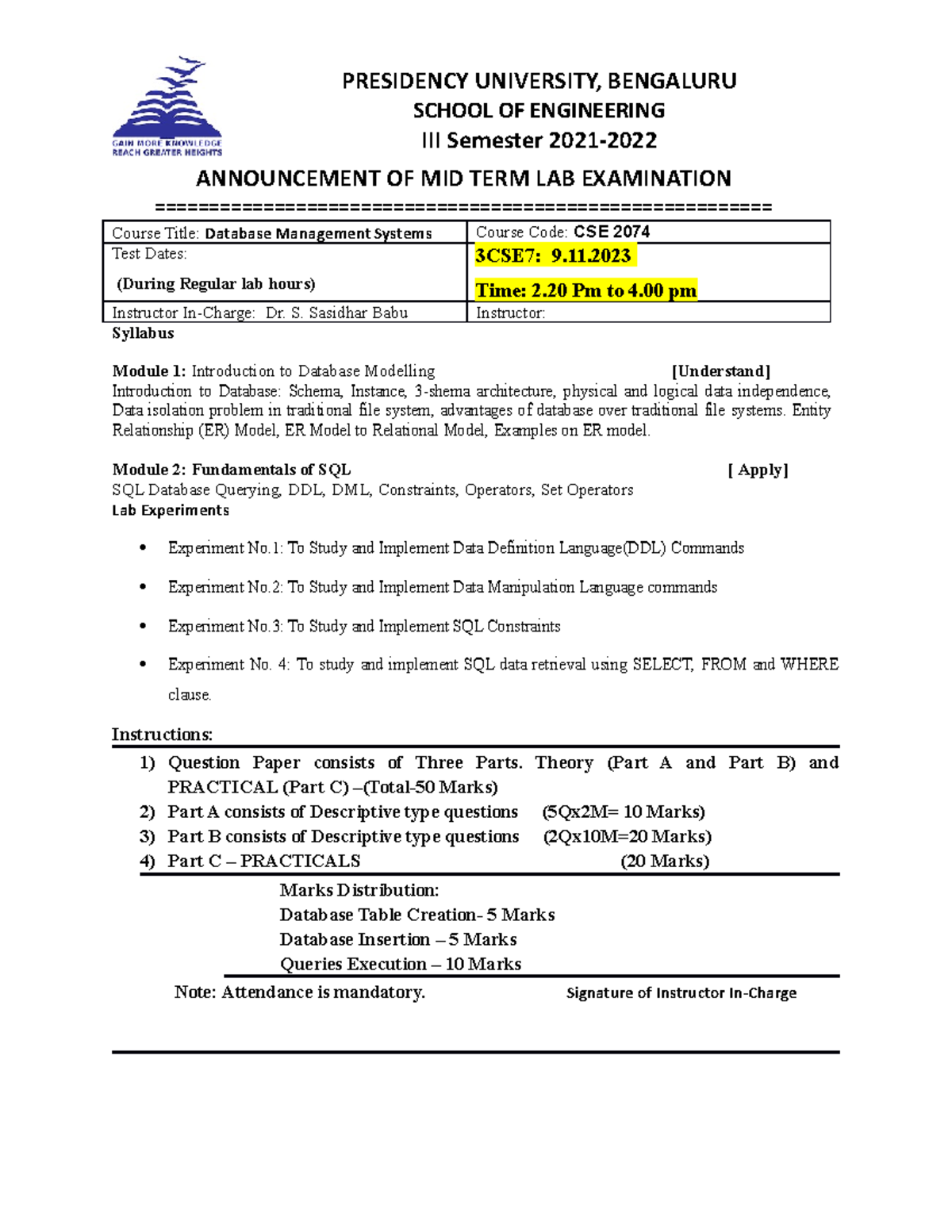 CSE 2074 DBMS-Mid Term test Announcement 3CSE7 - PRESIDENCY UNIVERSITY ...