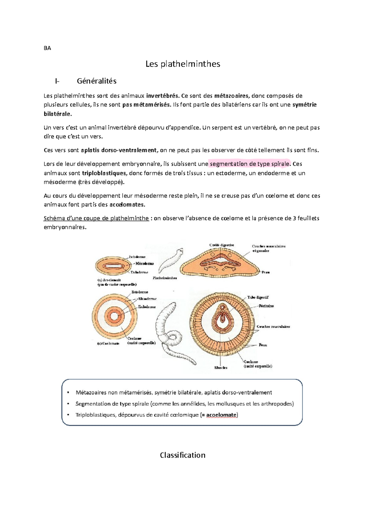 BA CM4 Plathelminthes - Cours BA - BA Les plathelminthes I- Généralités Les plathelminthes sont ...
