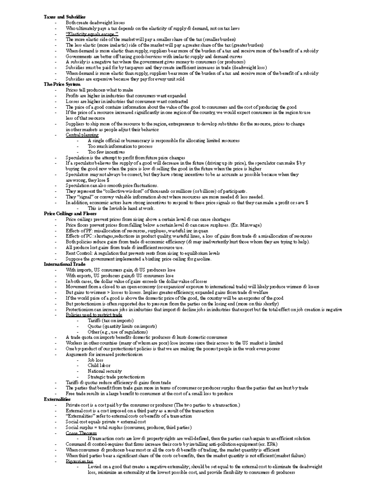 Econ cheat sheet 2 - Taxes and Subsidies - Both create deadweight ...