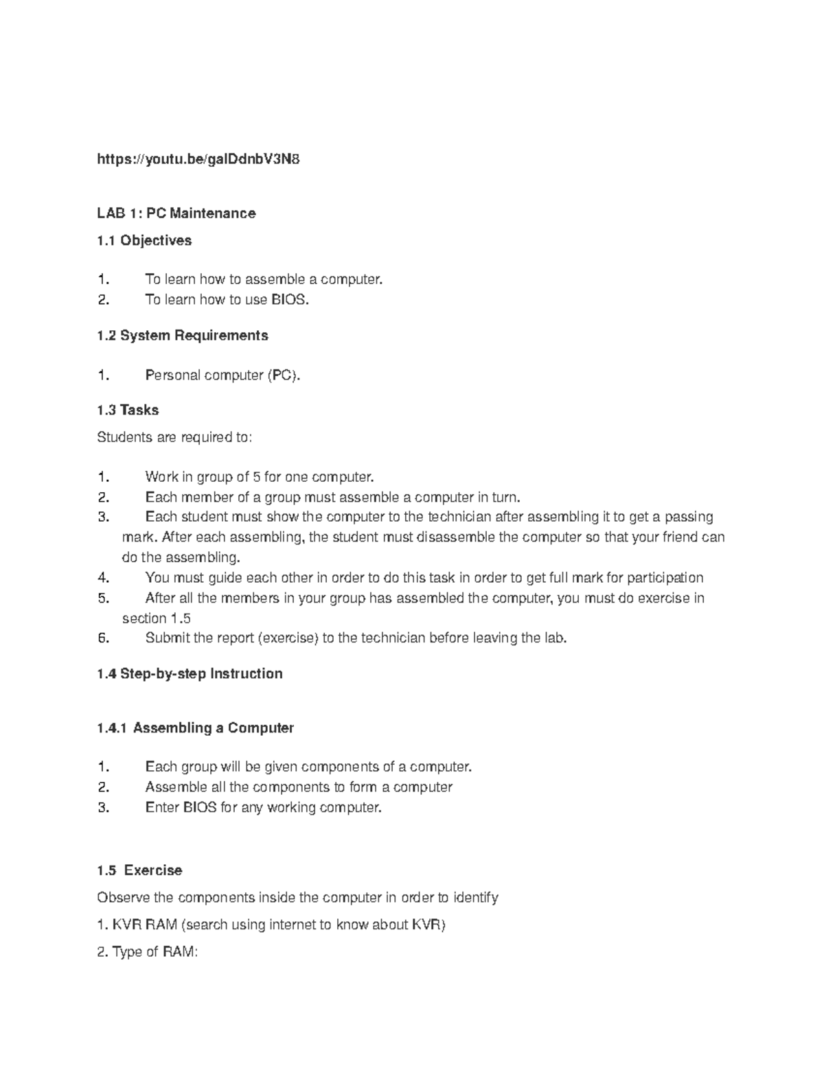 Lab 1 PC Maintenance - LAB 1: PC Maintenance 1 Objectives 1. 2. To ...