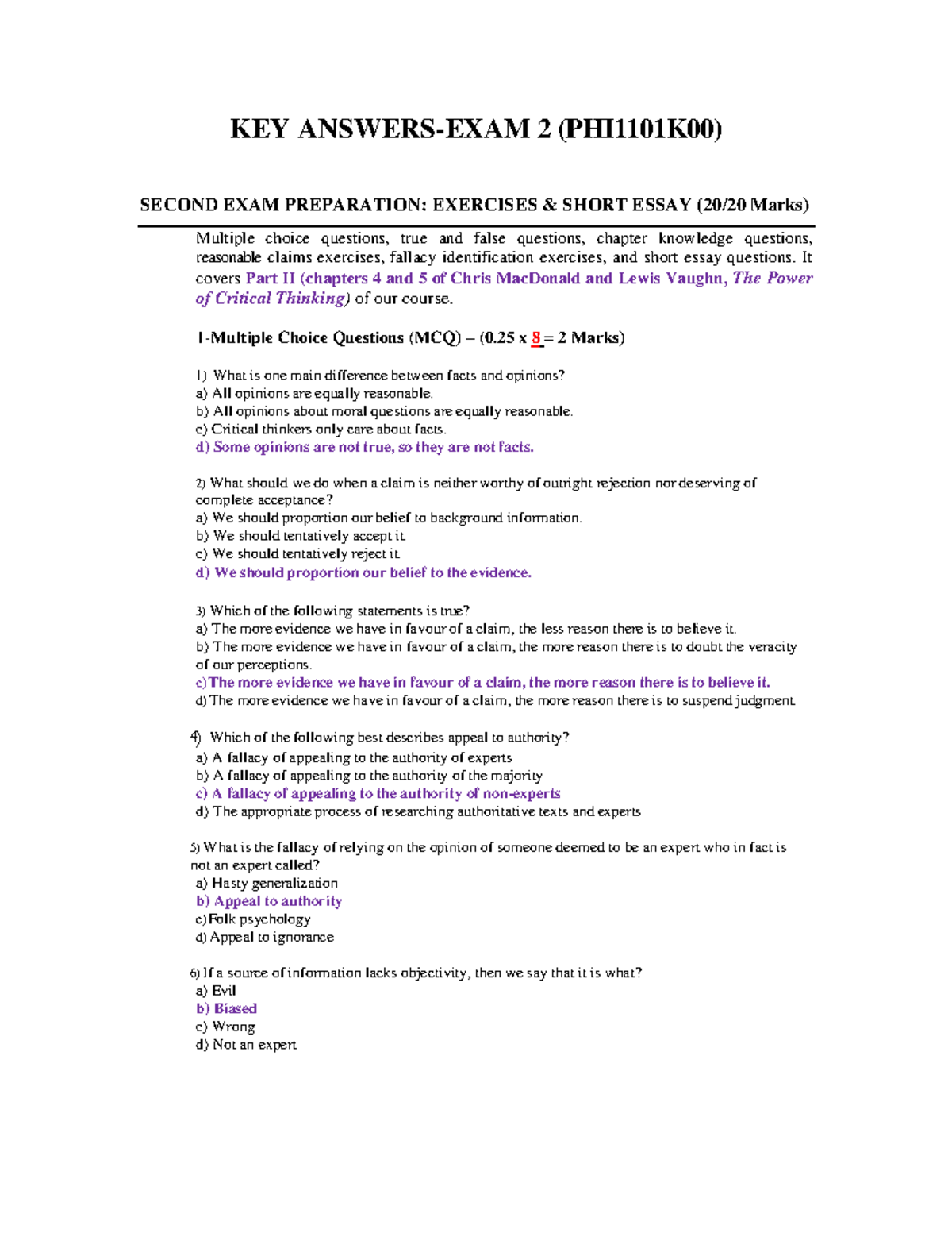 Exam2 Review Key Anwers. PHI1101 K00 - KEY ANSWERS-EXAM 2 (PHI1101K00) SECOND EXAM PREPARATION ...