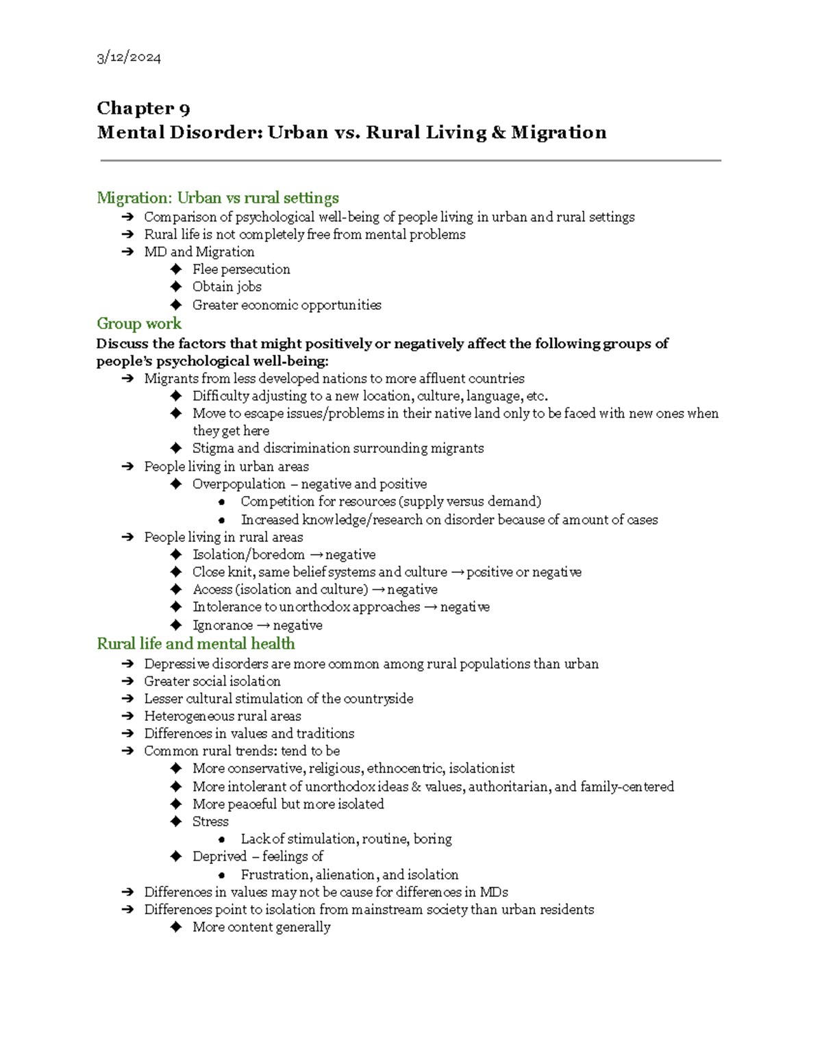 Chp. 9 - Mental Disorder Urban vs. Rural Living & Migration SOC 450 - 3 ...