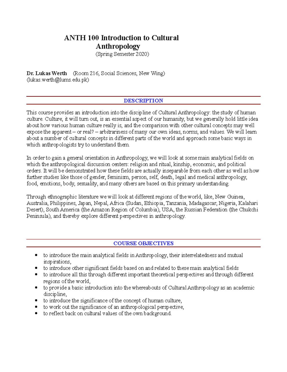 Course outline Intro to Anth Fall 2022 - ANTH 100 Introduction to Cultural Anthropology (Spring ...