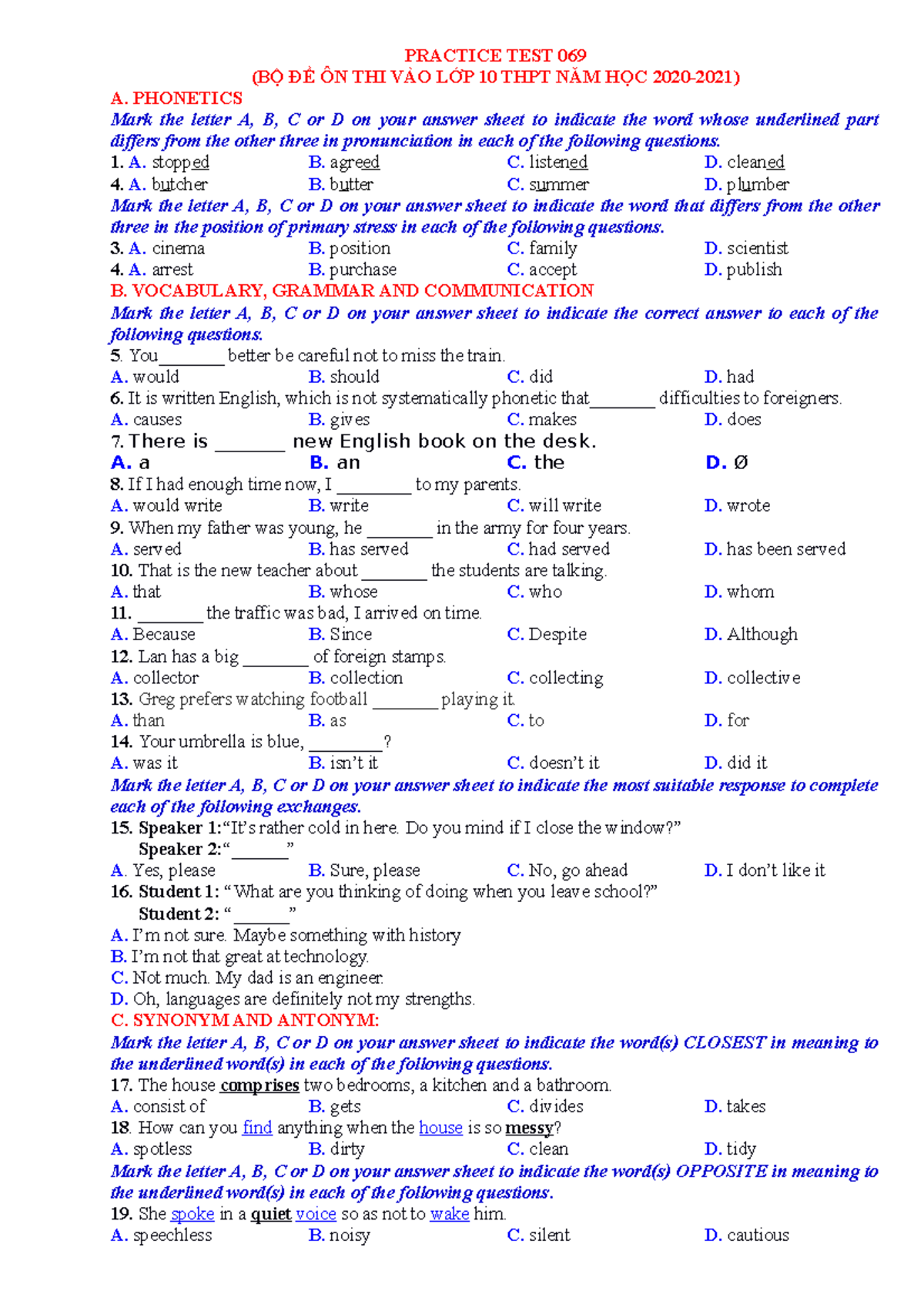 Practice TEST 069 - Assignments - PRACTICE TEST 069 (BỘ ĐỀ ÔN THI VÀO ...