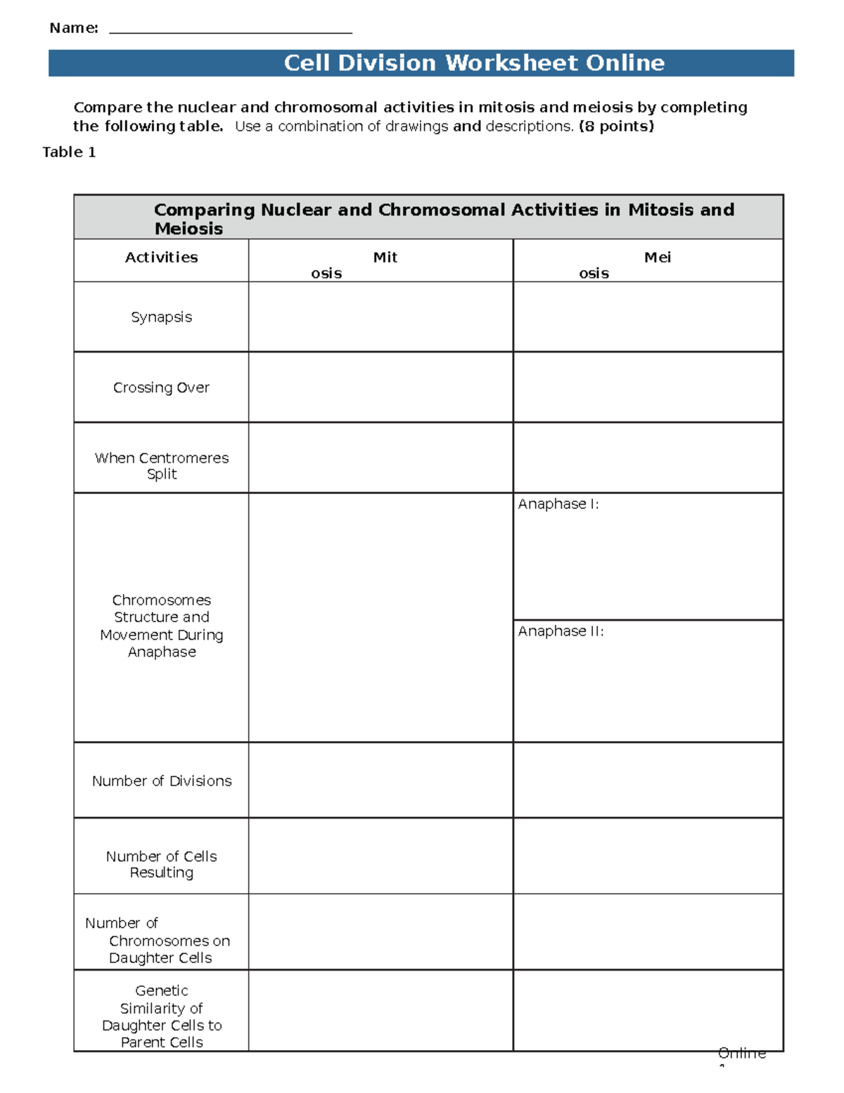 10 8 Cell Division Online Worksheet S22 - Compare the nuclear and ...