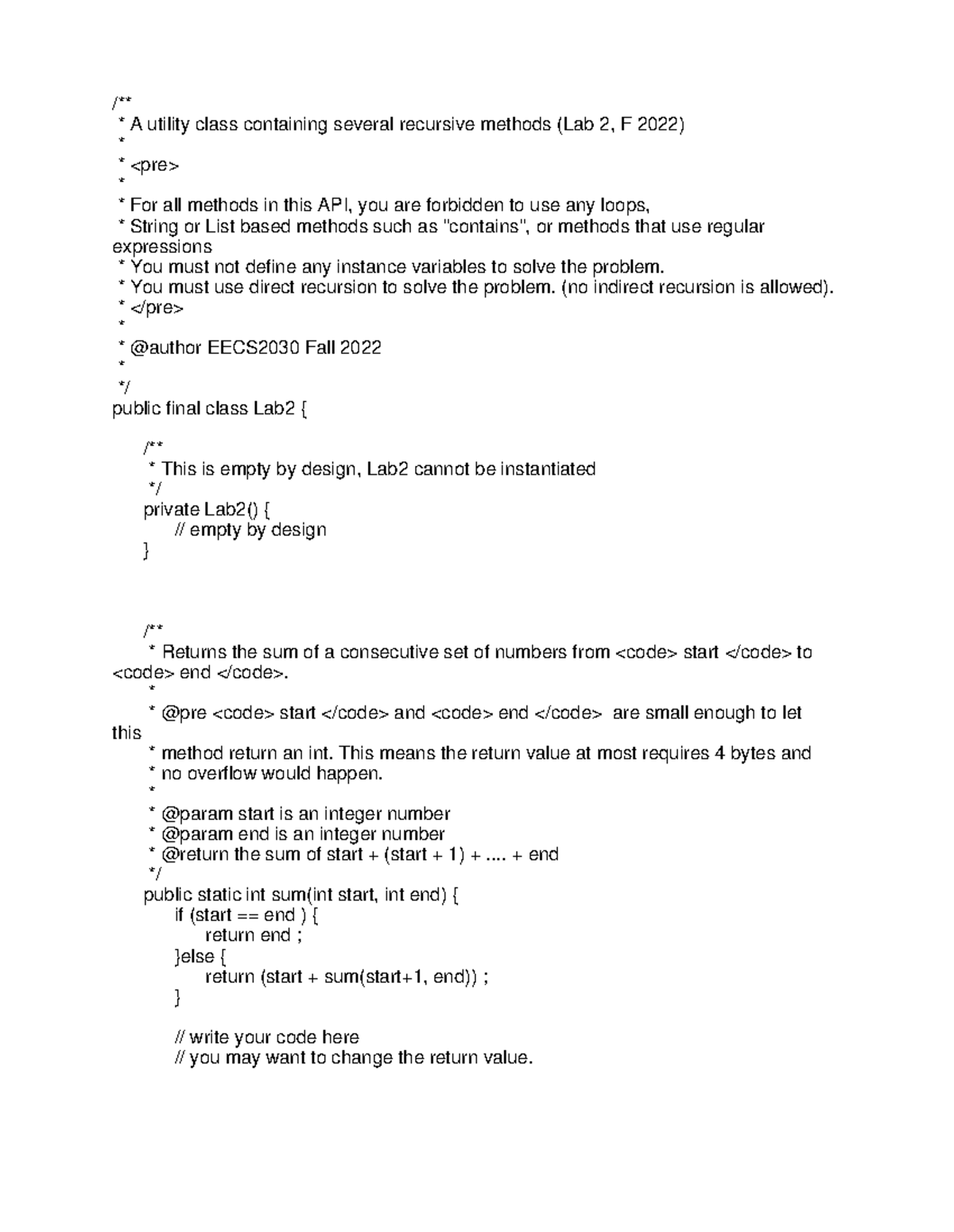 Recursion Practice A Utility Class Containing Several Recursive Methods Lab 2 F 2022