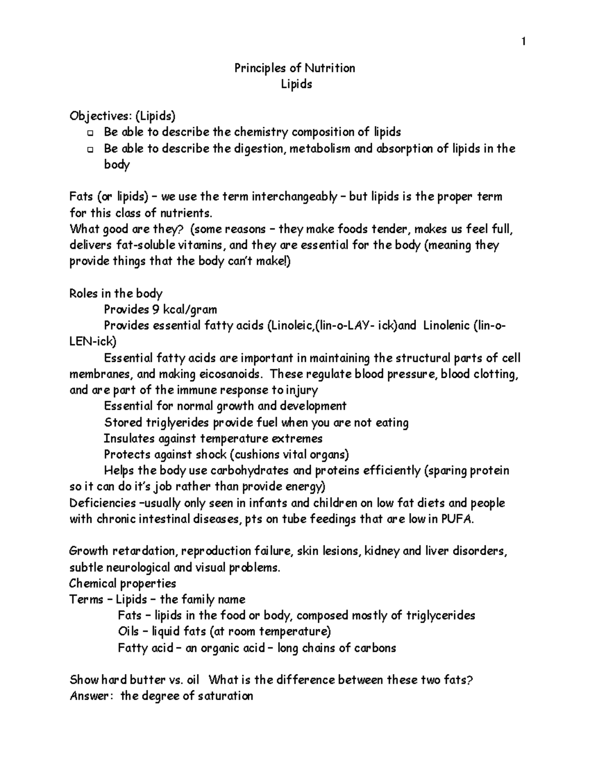 Lipids notes - nutrition coursework - HOME EC1110 - UMSL - Studocu