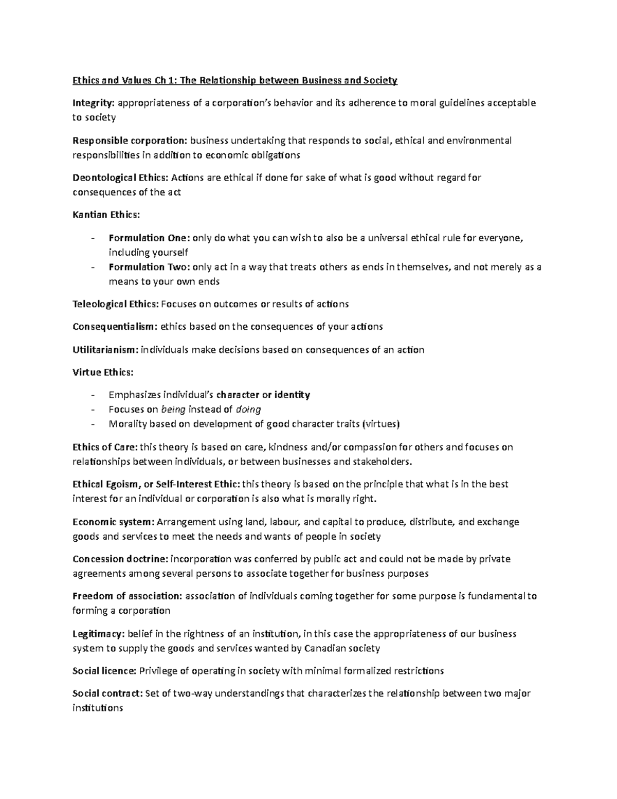 Ethics and Values Ch. 1 - Ethical Egoism, or Self-Interest Ethic: this ...