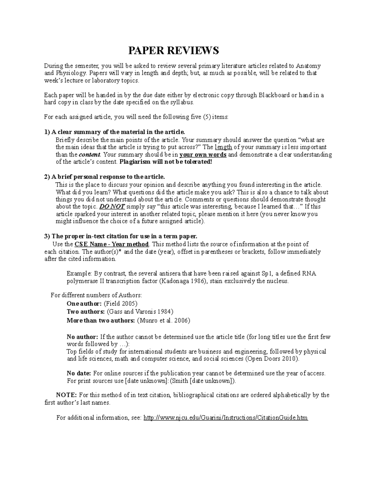 A & P 1 Article Review Instructions - PAPER REVIEWS During the semester ...