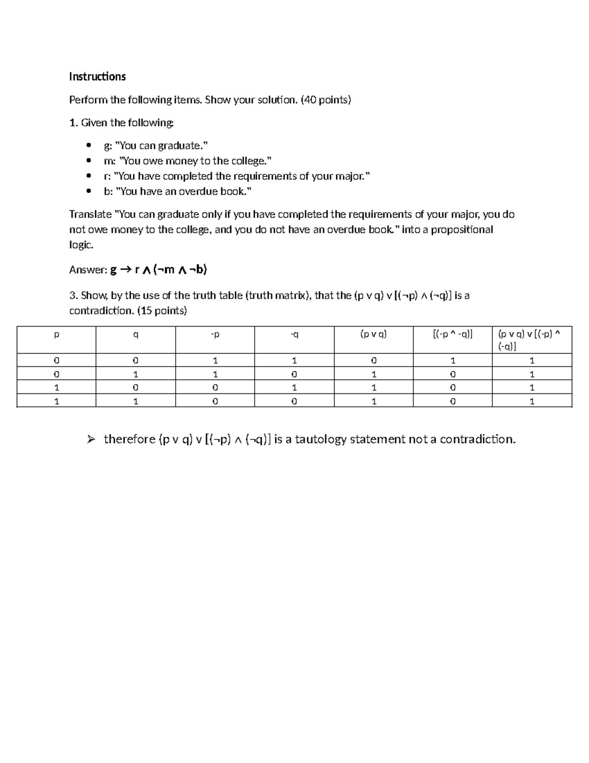 Discrete Structure 01 TP 1 - Instructions Perform the following items ...