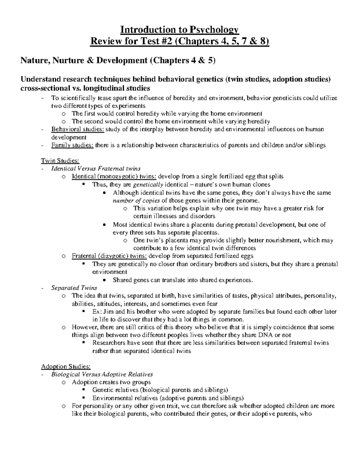 PSY100 Exam 2 Review Packet (Chapters 4,5,7 and 8) - Introduction to ...