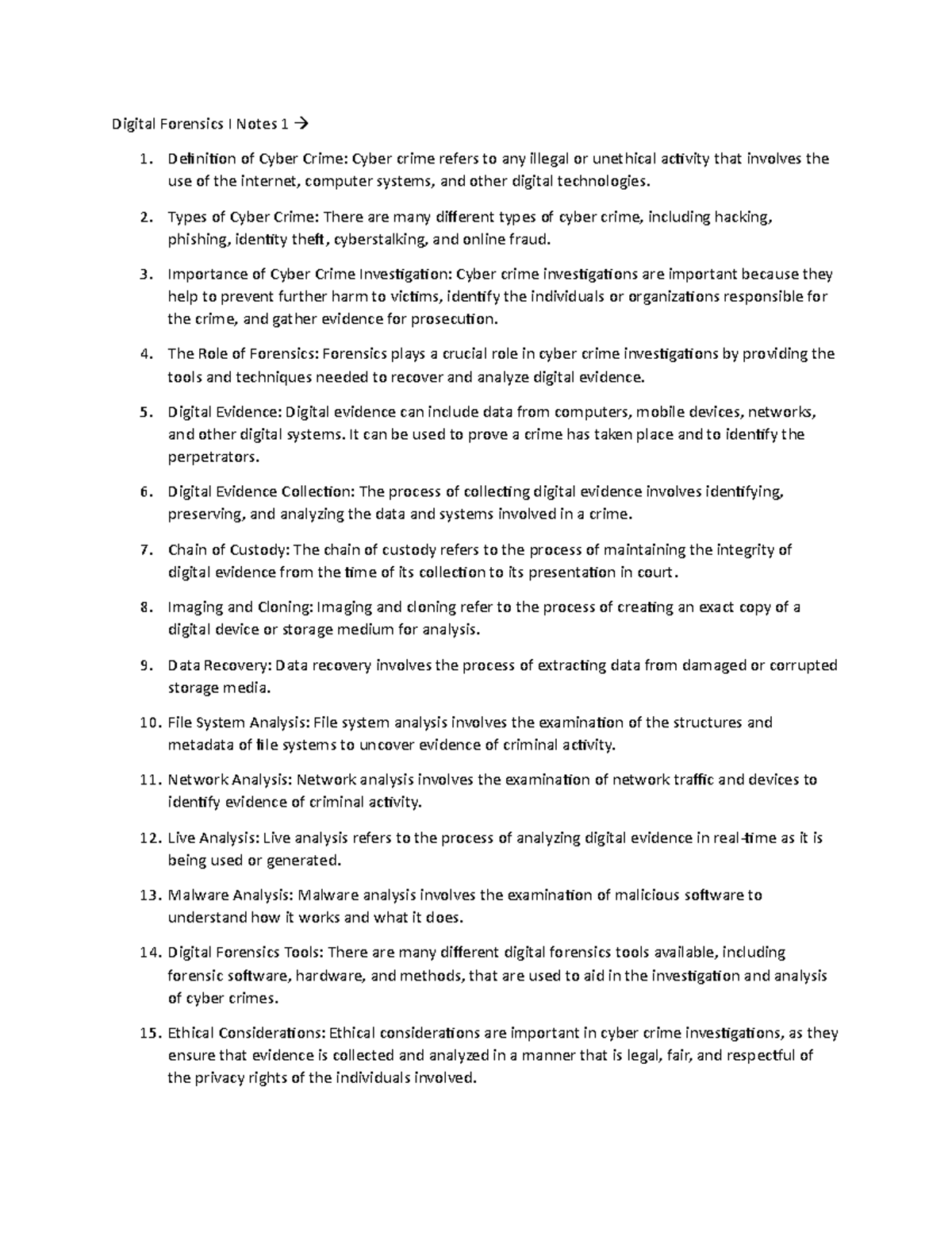 Dig Forensics Notes 1 - Digital Forensics I Notes 1 Definition of Cyber ...