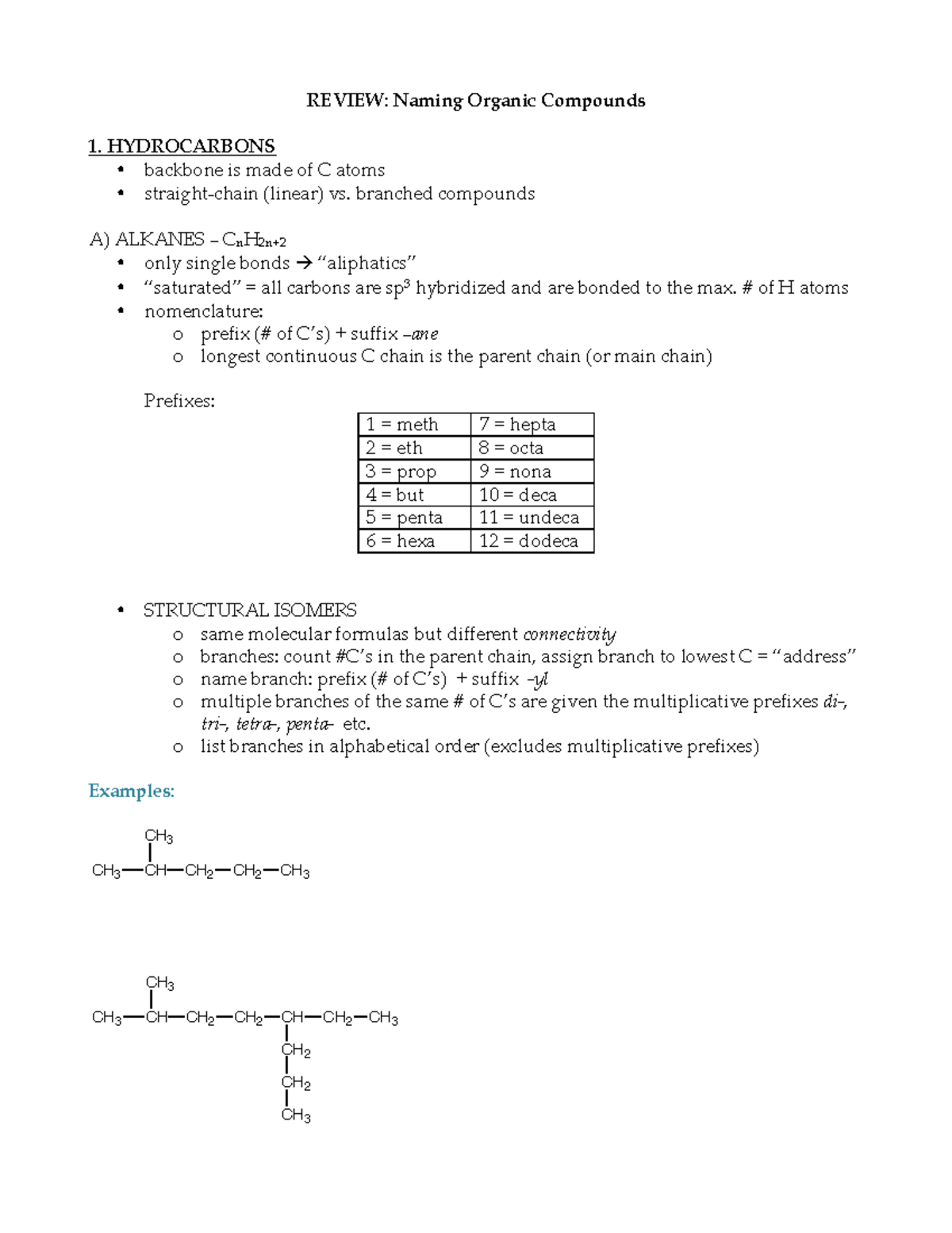 Nomenclature Review Worksheet - REVIEW: Naming Organic Compounds ...