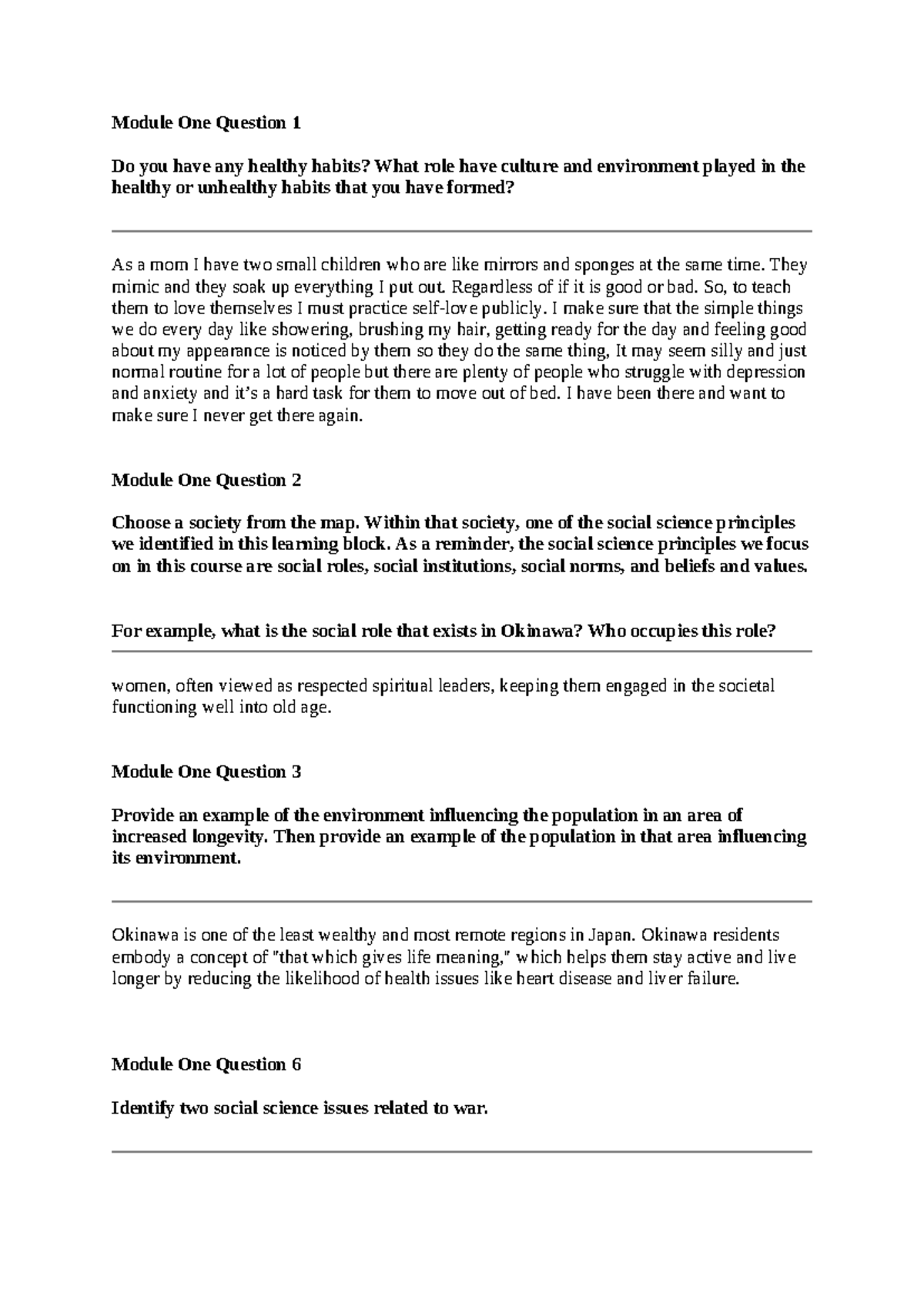 module 1 short answers - Module One Question 1 Do you have any healthy ...