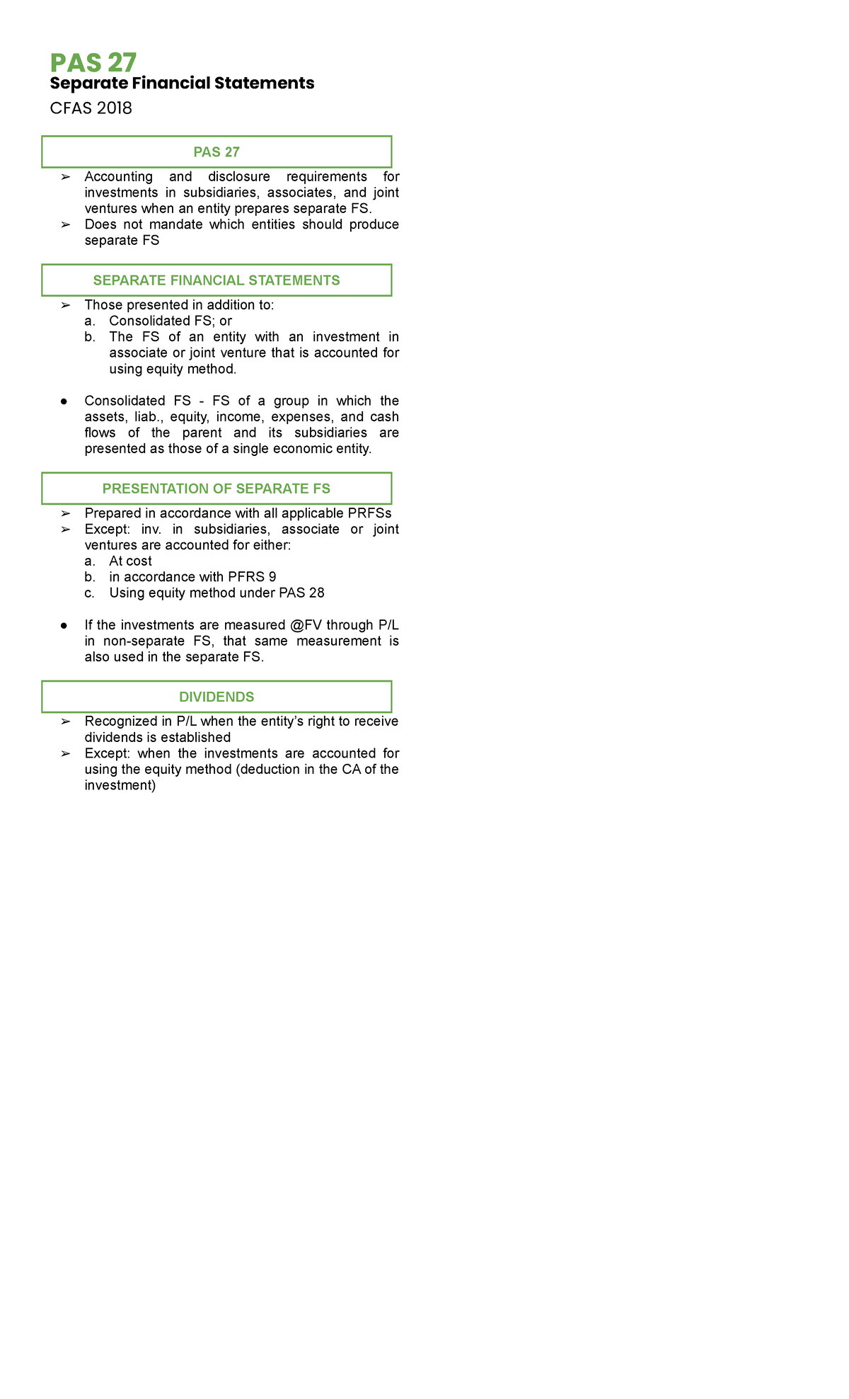 PAS 27 Notes - PAS 27 Separate Financial Statements CFAS 2018 PAS 27 ...