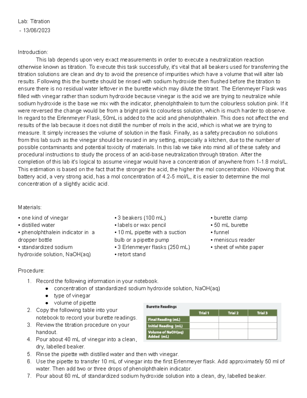 Titration Lab - Lab: Titration 13/06/ Introduction: This lab depends ...