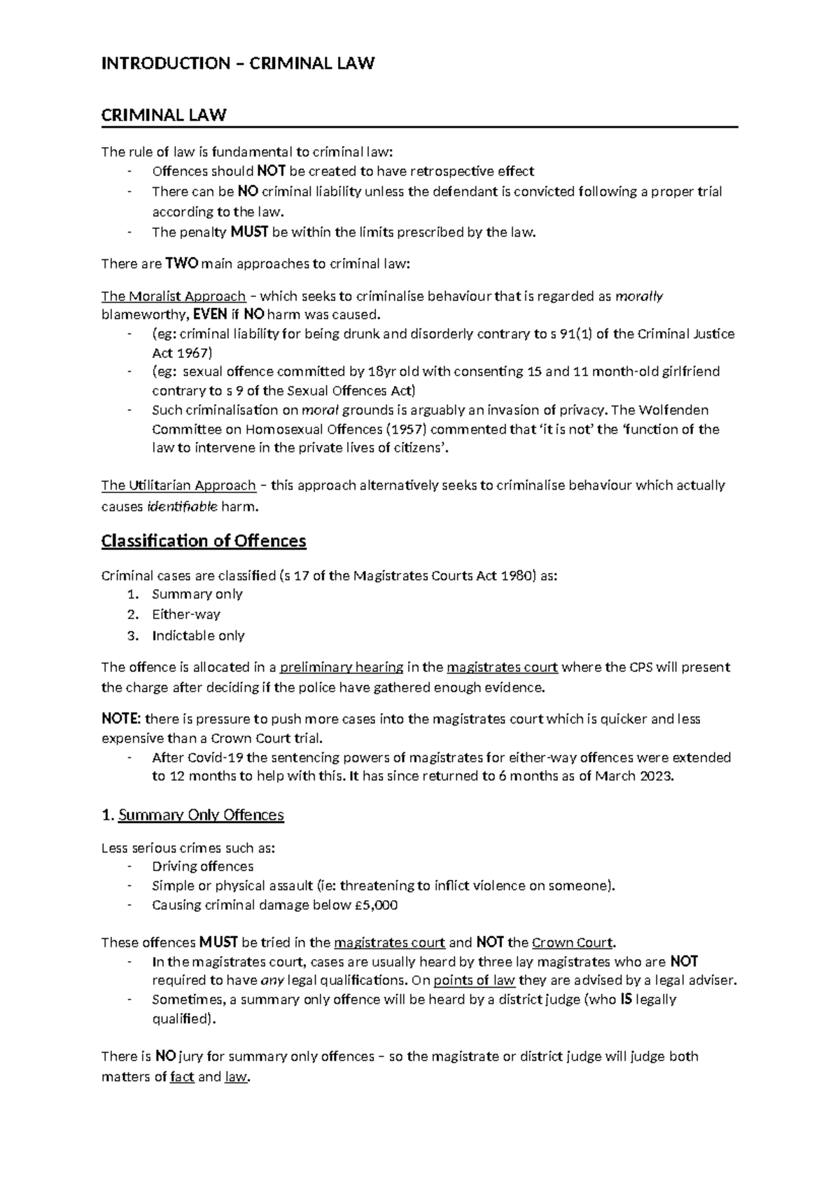 Notes - Introduction to Criminal Law - CRIMINAL LAW The rule of law is ...