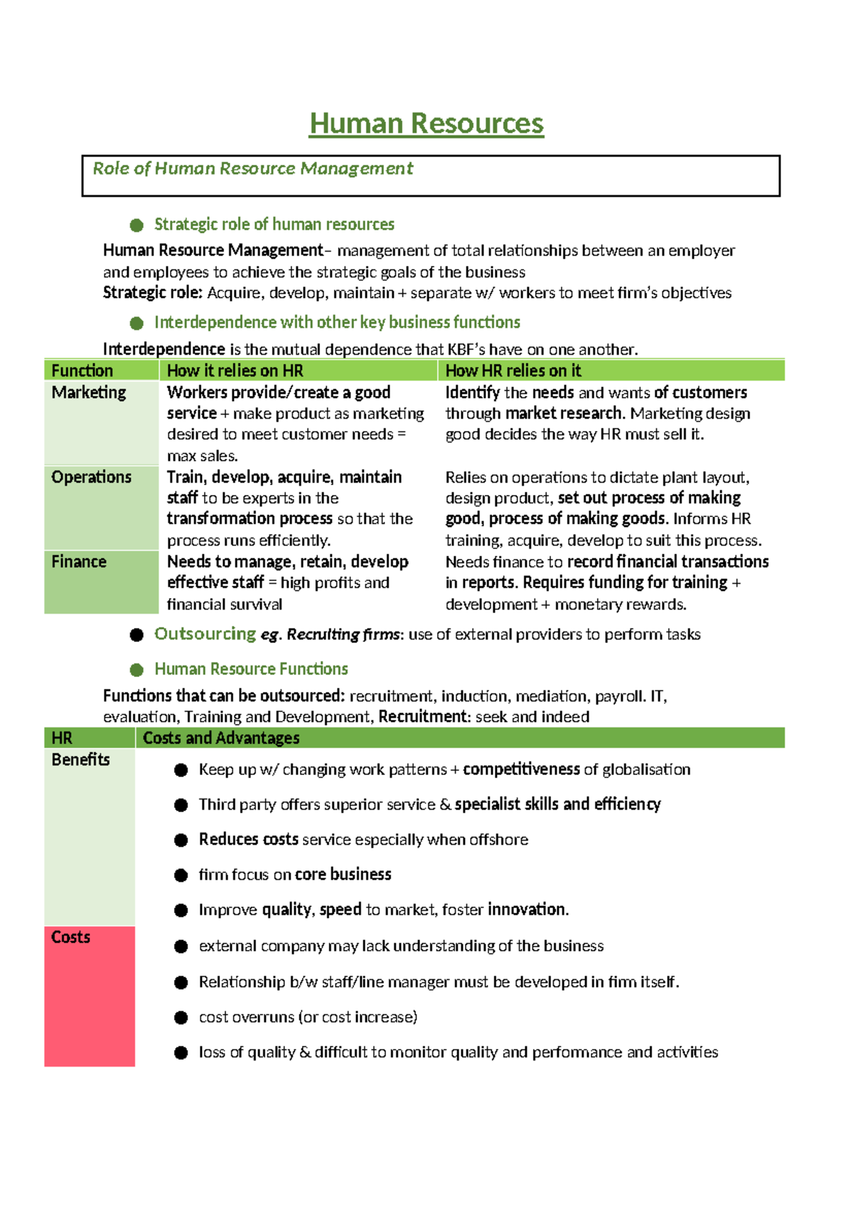 Human Resources HSC Notes - Human Resources Strategic role of human ...