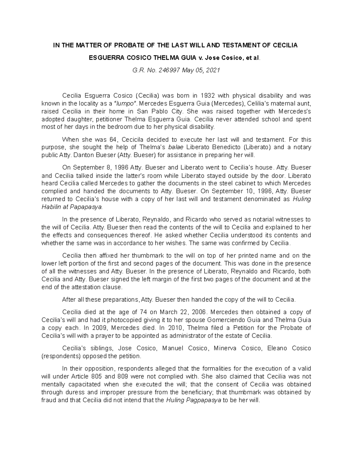 In the Matter of Probate of the Will of Cecilia Cosico (May 5, 2021 ...