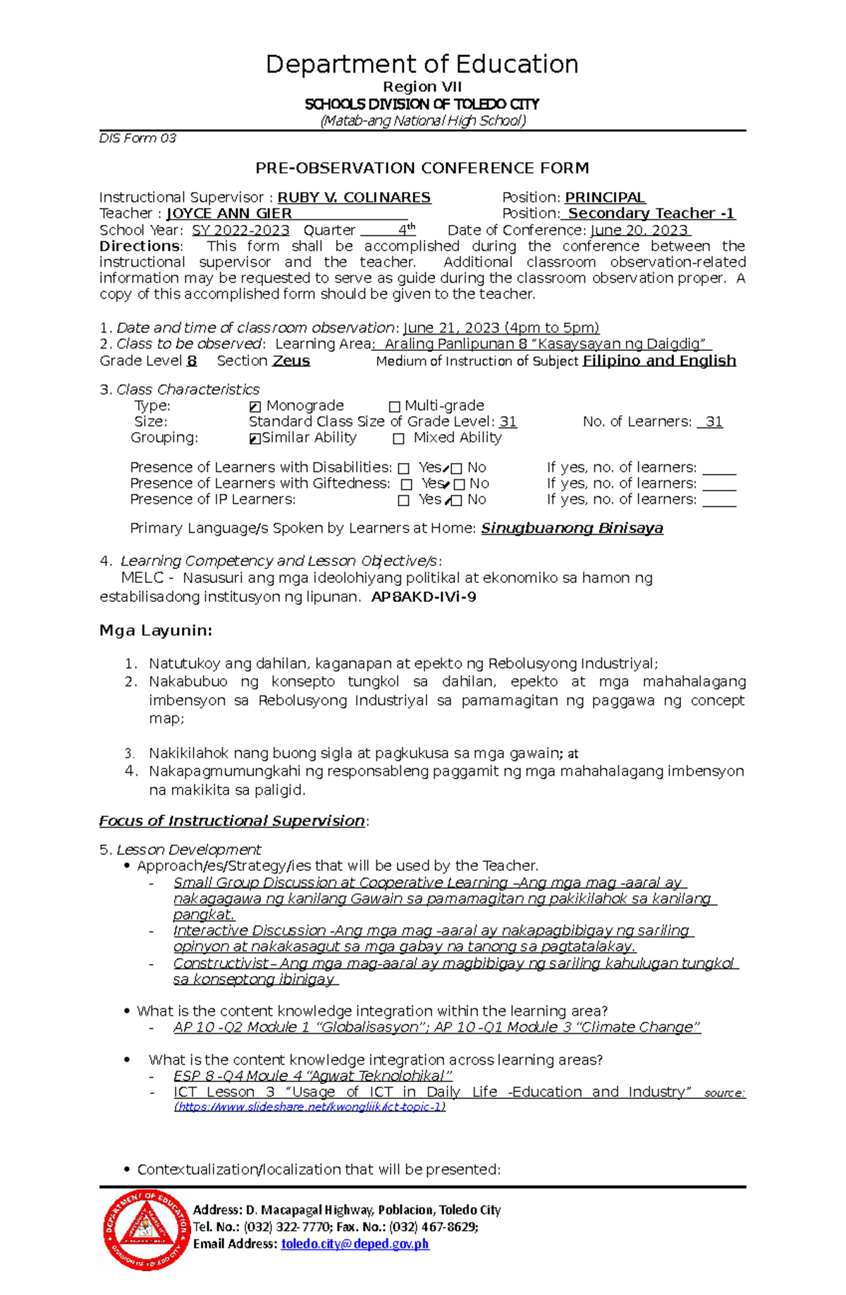 Form 03 Pre Observation Conference Gier - Department of Education ...