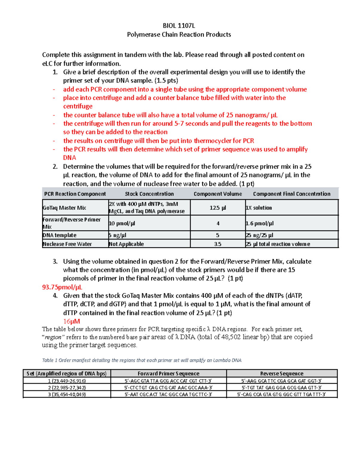 BIOL 1107L Polymerase Chain Reaction Products - BIOL 1107L Polymerase ...