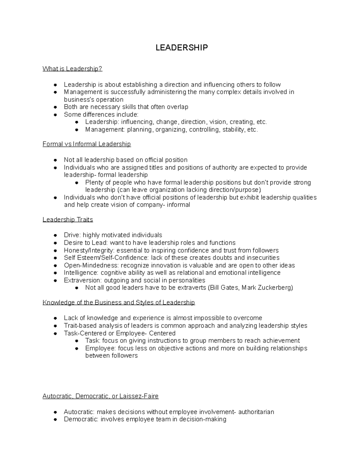 BUS 200 Notes Leadership Part 1 - LEADERSHIP What is Leadership ...