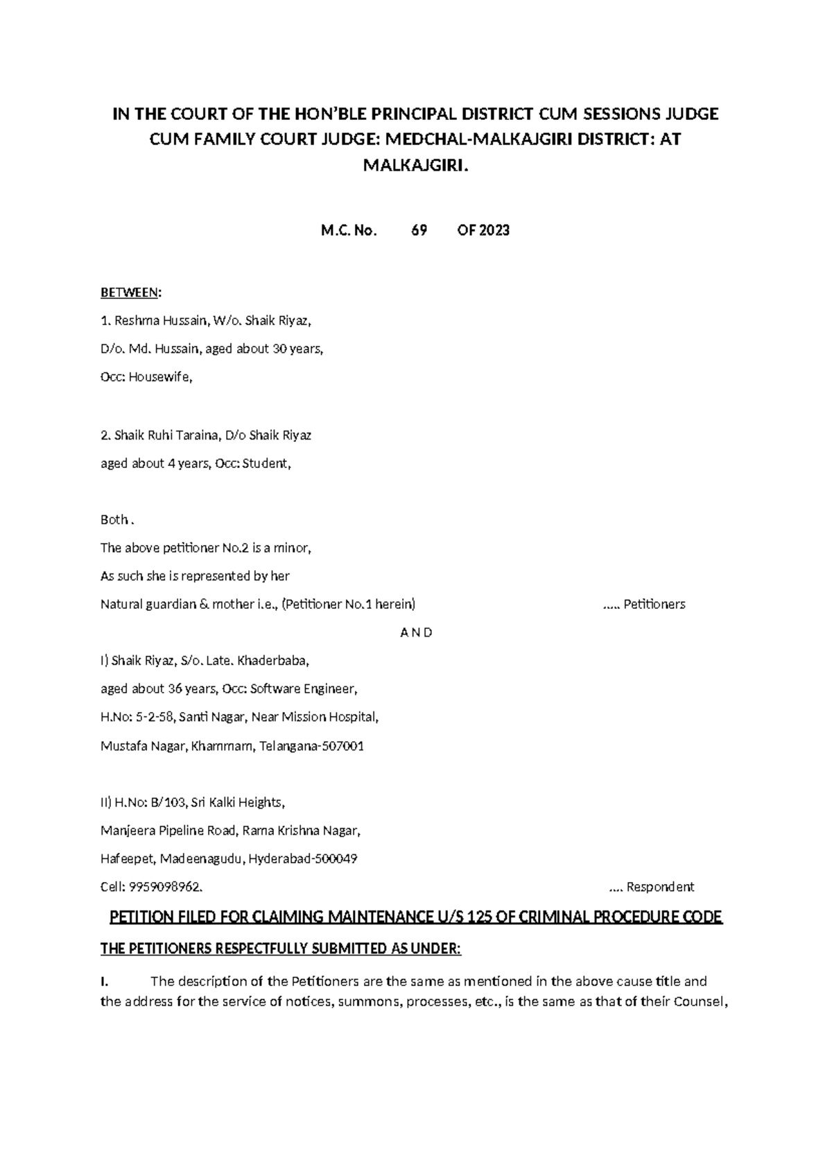 Law - IN THE COURT OF THE HON’BLE PRINCIPAL DISTRICT CUM SESSIONS JUDGE ...