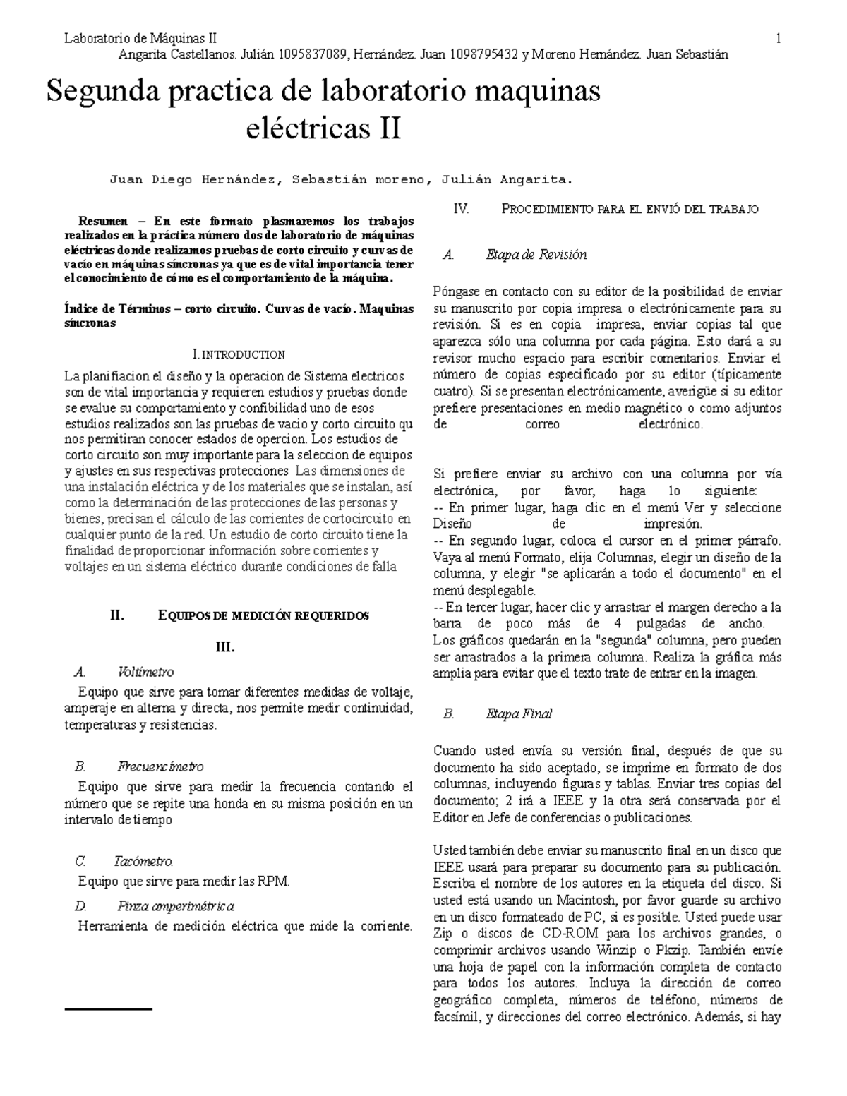 Imforme practica 2 laboratorio de maquinas electricas - Angarita Castellanos. Julián 1095837089 ...