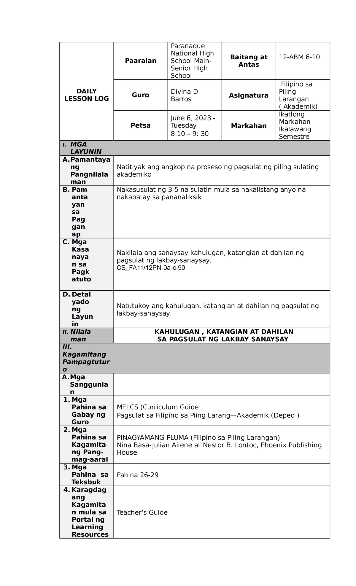 COT- Lakbay Sanaysay - Paglalagom - DAILY LESSON LOG Paaralan Paranaque ...