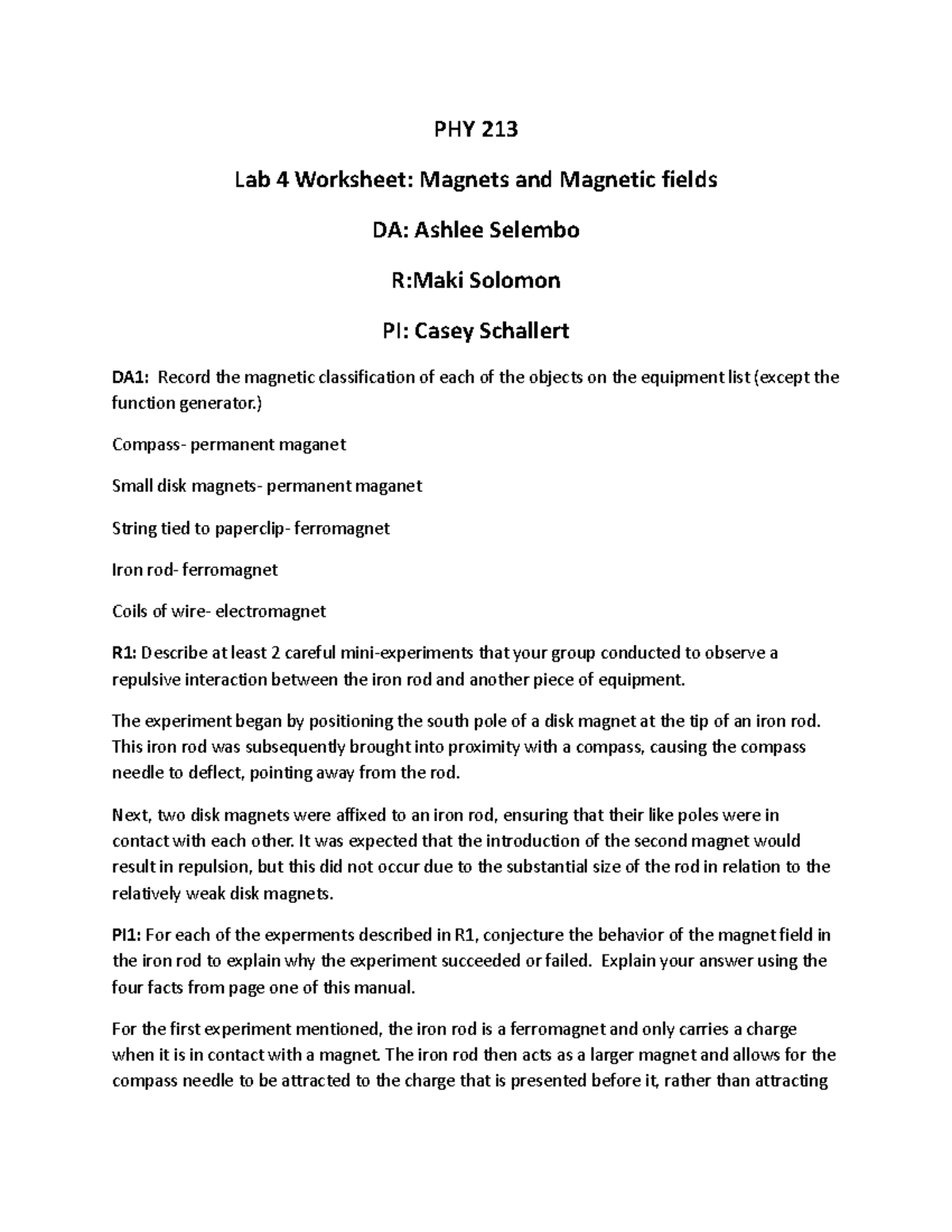 PHY 213 Lab 4 Worksheet - phy 213 - PHY 213 Lab 4 Worksheet: Magnets and Magnetic fields DA ...