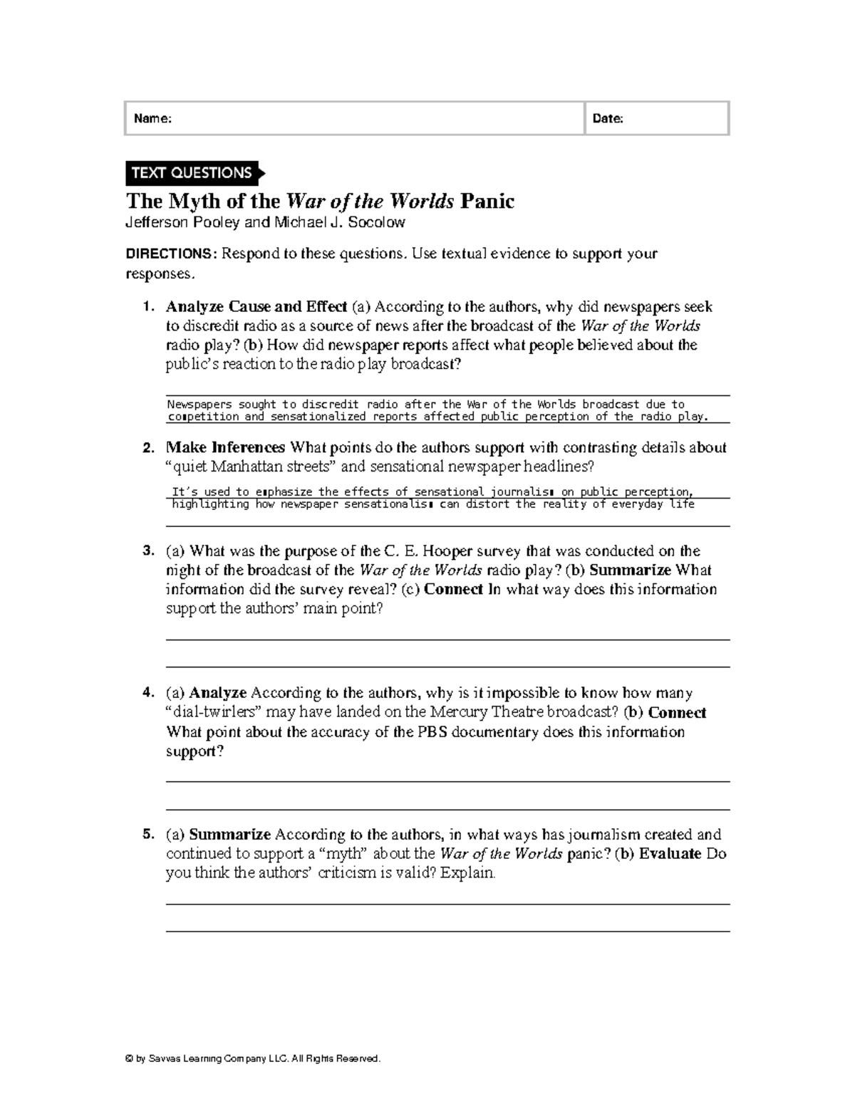 Annotated-The Myth of the War of the Worlds Panic Text Questions (PDF ...