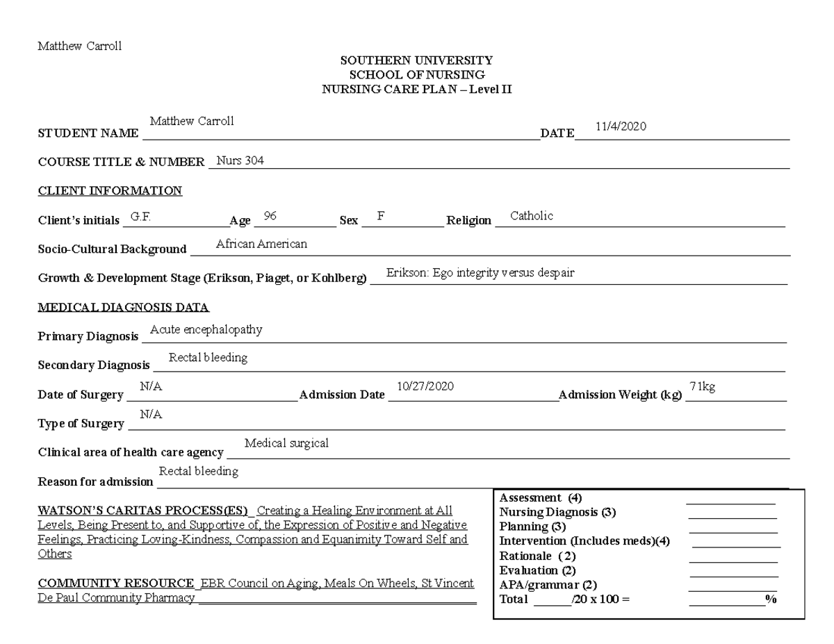 Careplan 2 - care plan - SOUTHERN UNIVERSITY SCHOOL OF NURSING NURSING ...