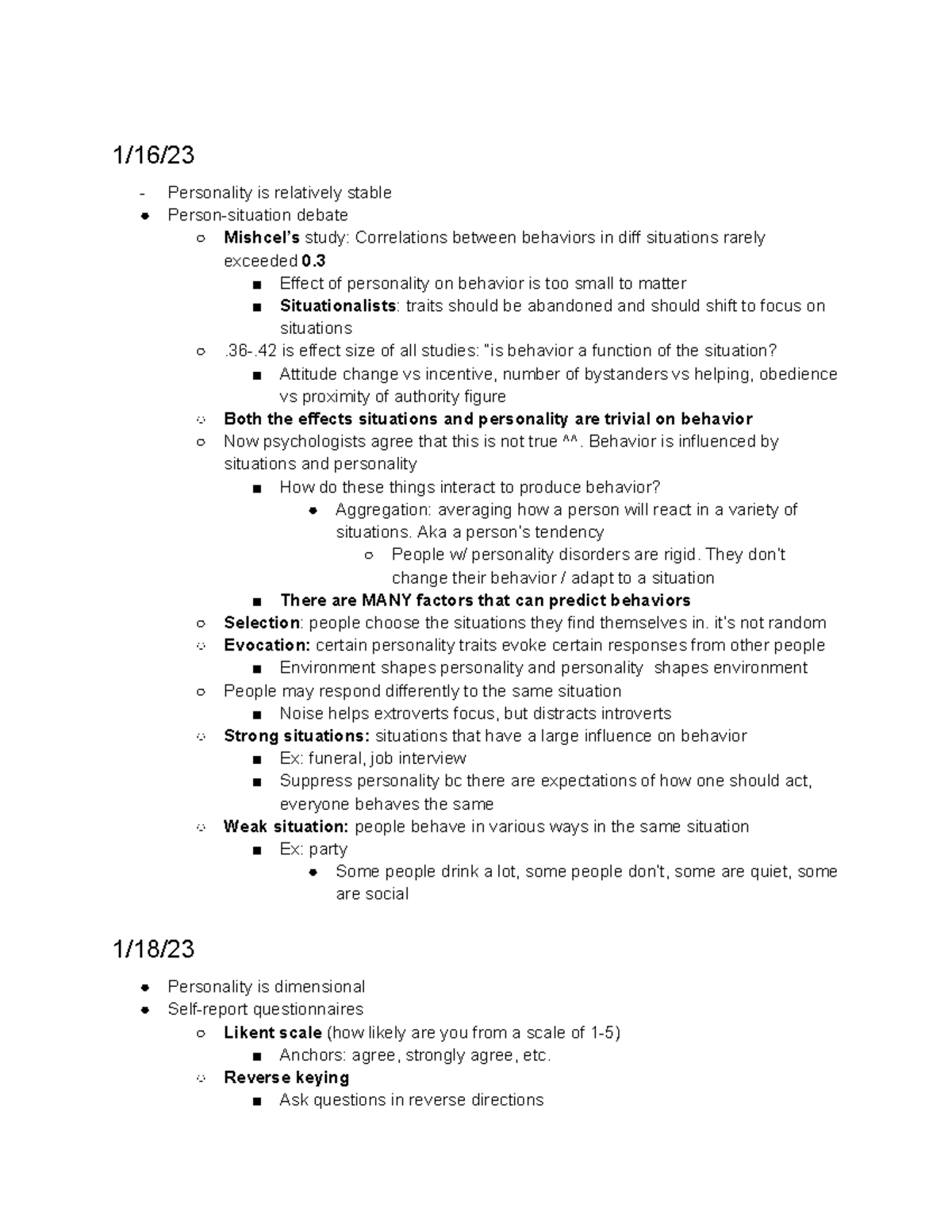 PSY personality exam 1 notes - 1/16/ Personality is relatively stable ...