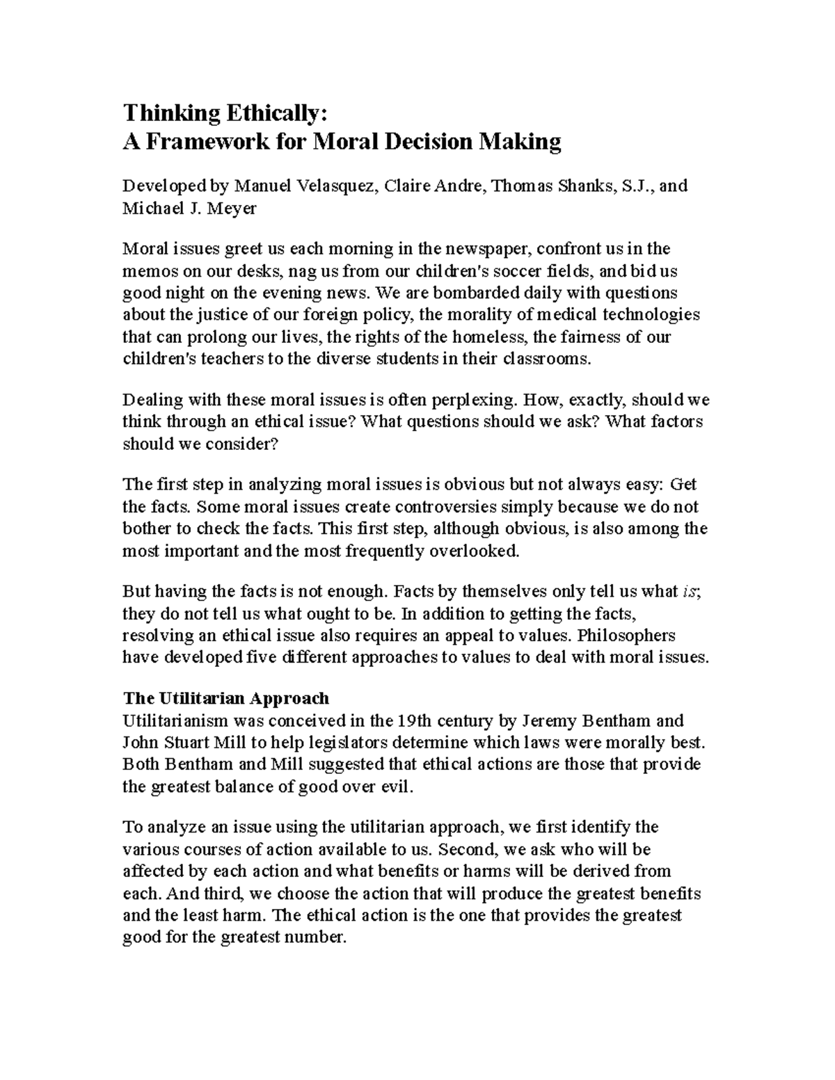 Thinking Ethically Article - Thinking Ethically: A Framework for Moral Decision Making Developed ...