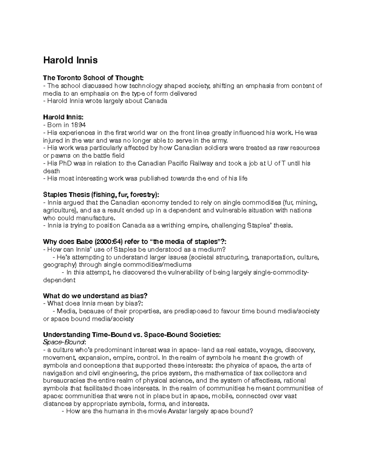 Lecture notes, Harold Innis - Harold Innis The Toronto School of ...