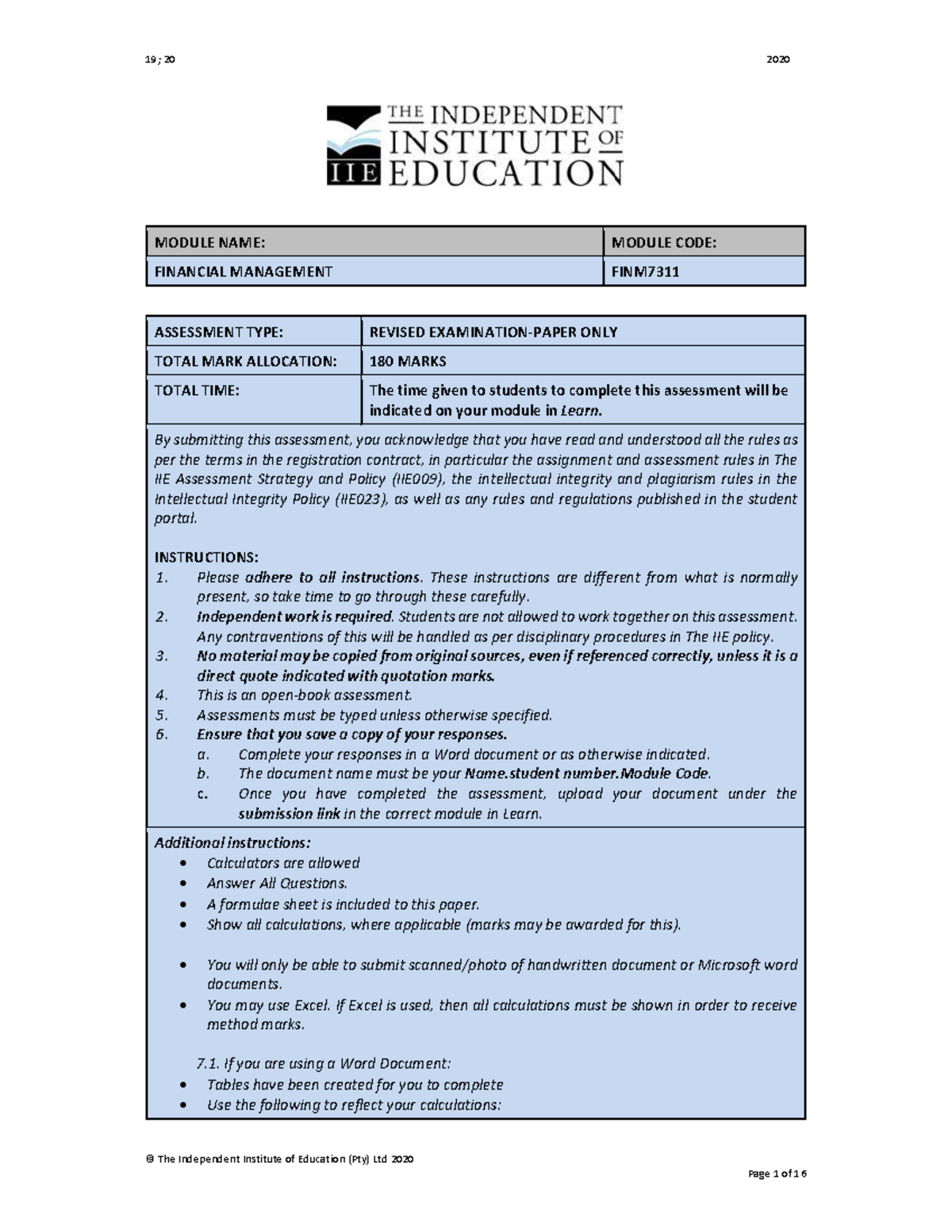 FINM7311Ea C19 - Test revision - © The Independent Institute of ...