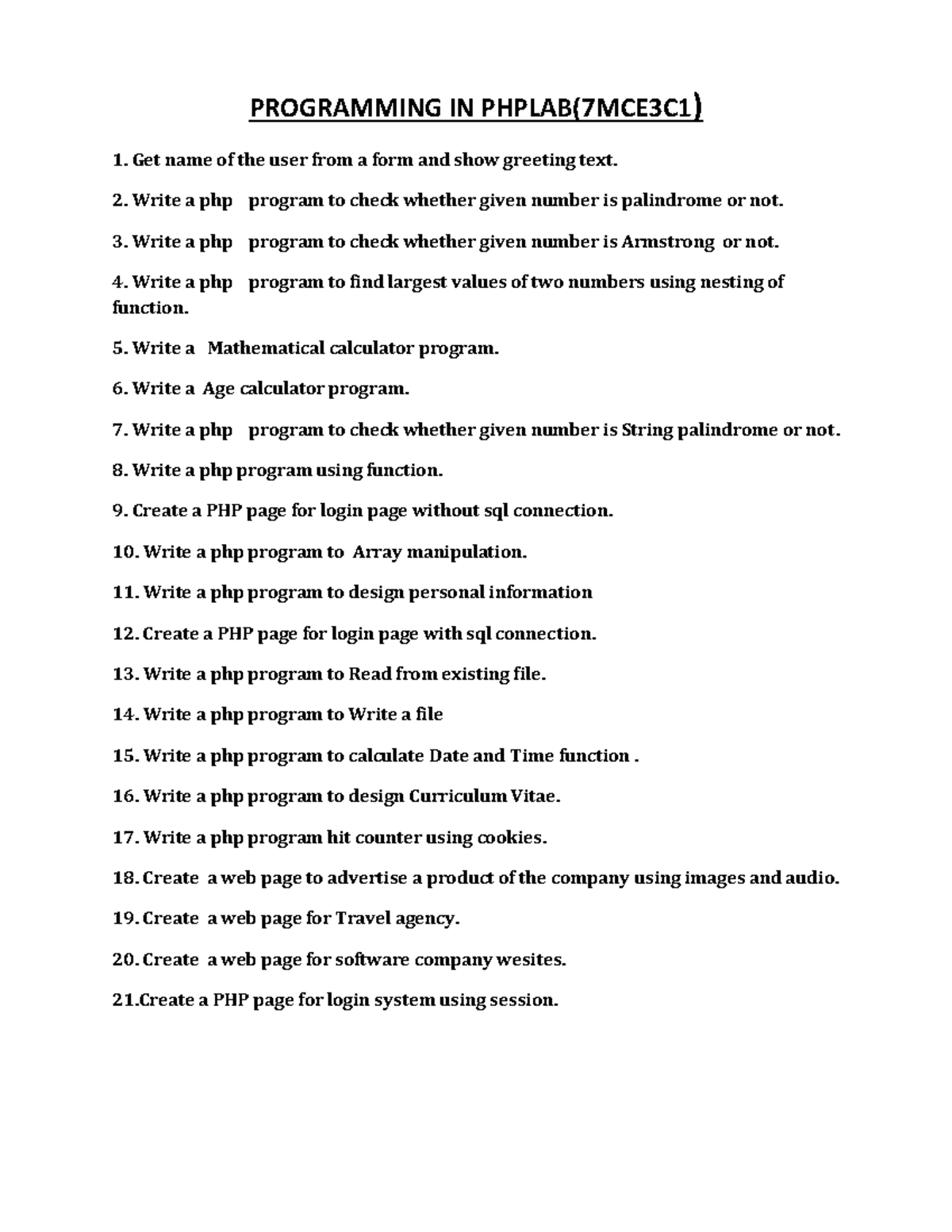 7MCE3P1-Programming In PHP Lab - PROGRAMMING IN PHPLAB(7MCE3C1) 1. Get ...